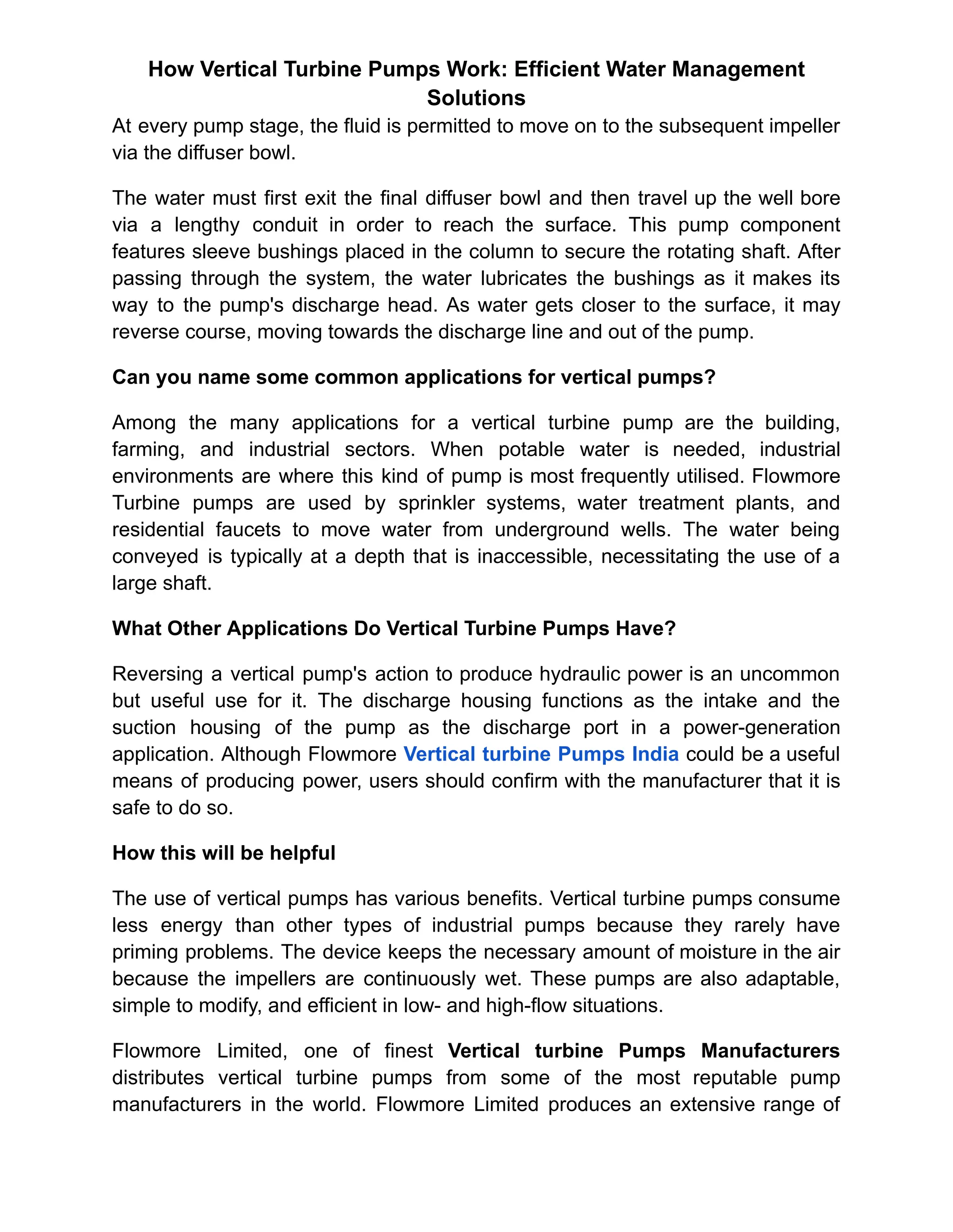 How Vertical Turbine Pumps Work: Efficient Water Management Solutions | PDF