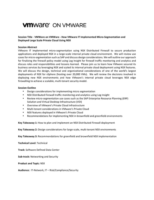 VMWare on VMWare - How VMware IT Implemented Micro-Segmentation and Deployed Large Scale Private ...