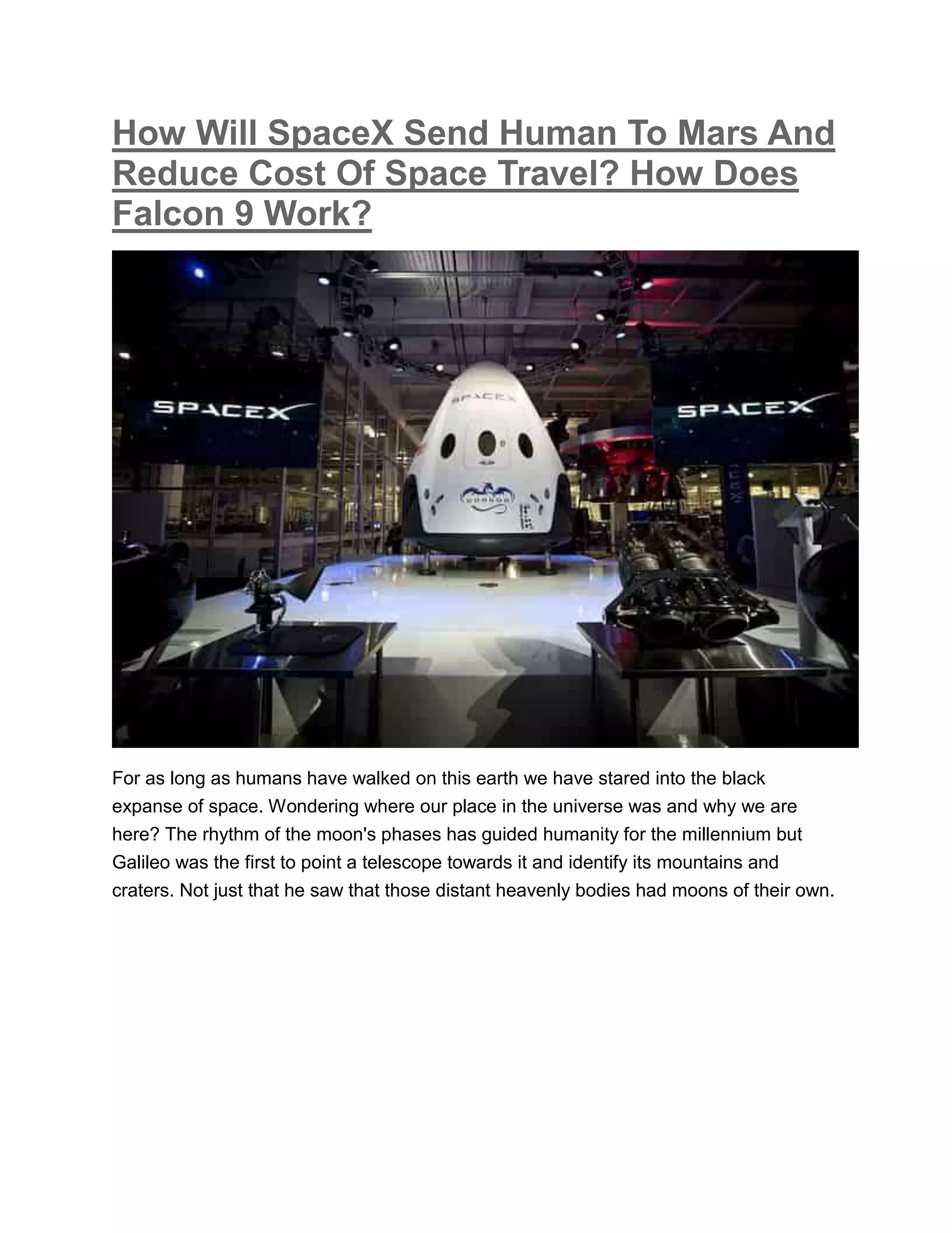 How will space x send human to mars and reduce cost of space travel | PDF