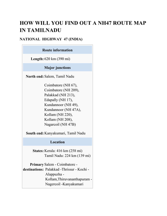 How will you find out a nh47 route map in tamilnadu | PDF