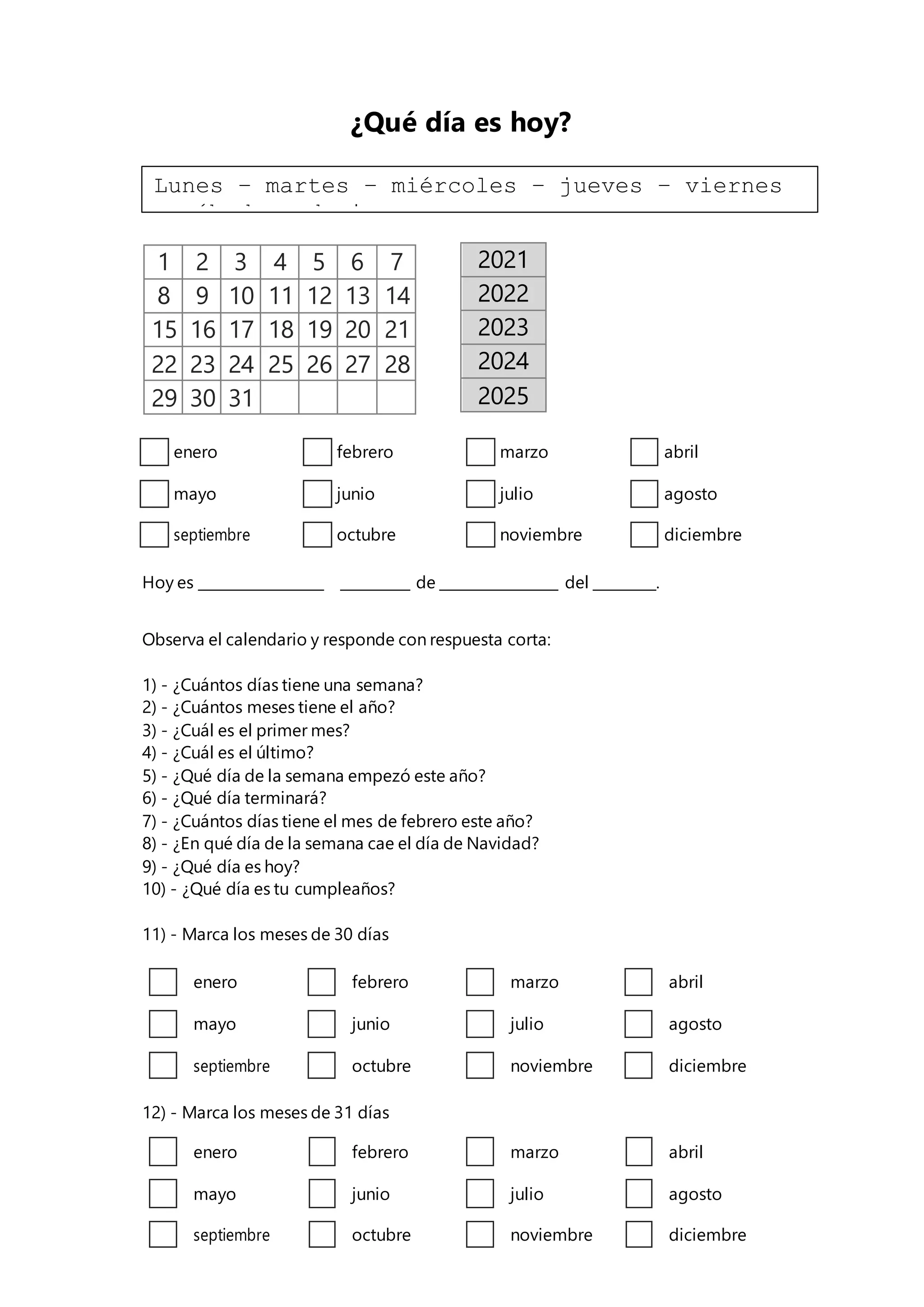 Actividad para trabajar días, meses y año | DOCX