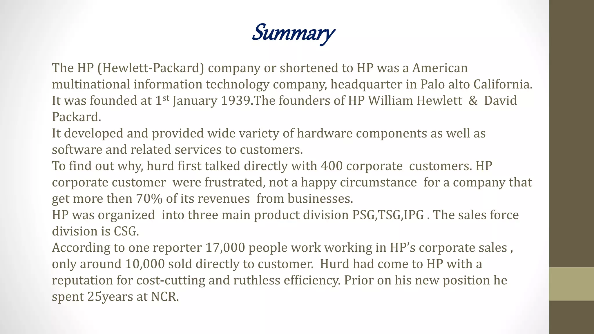Hp: overhauling a vast corporate sales force by Hewlett-Packard | PPT
