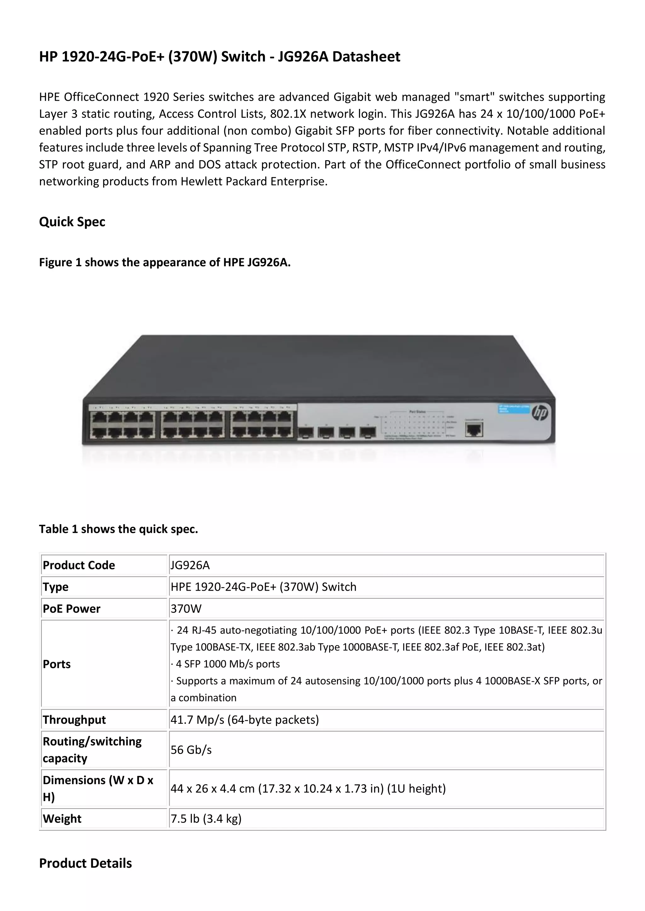 HP 2920-24G Switch - J9726A Datasheet | PDF