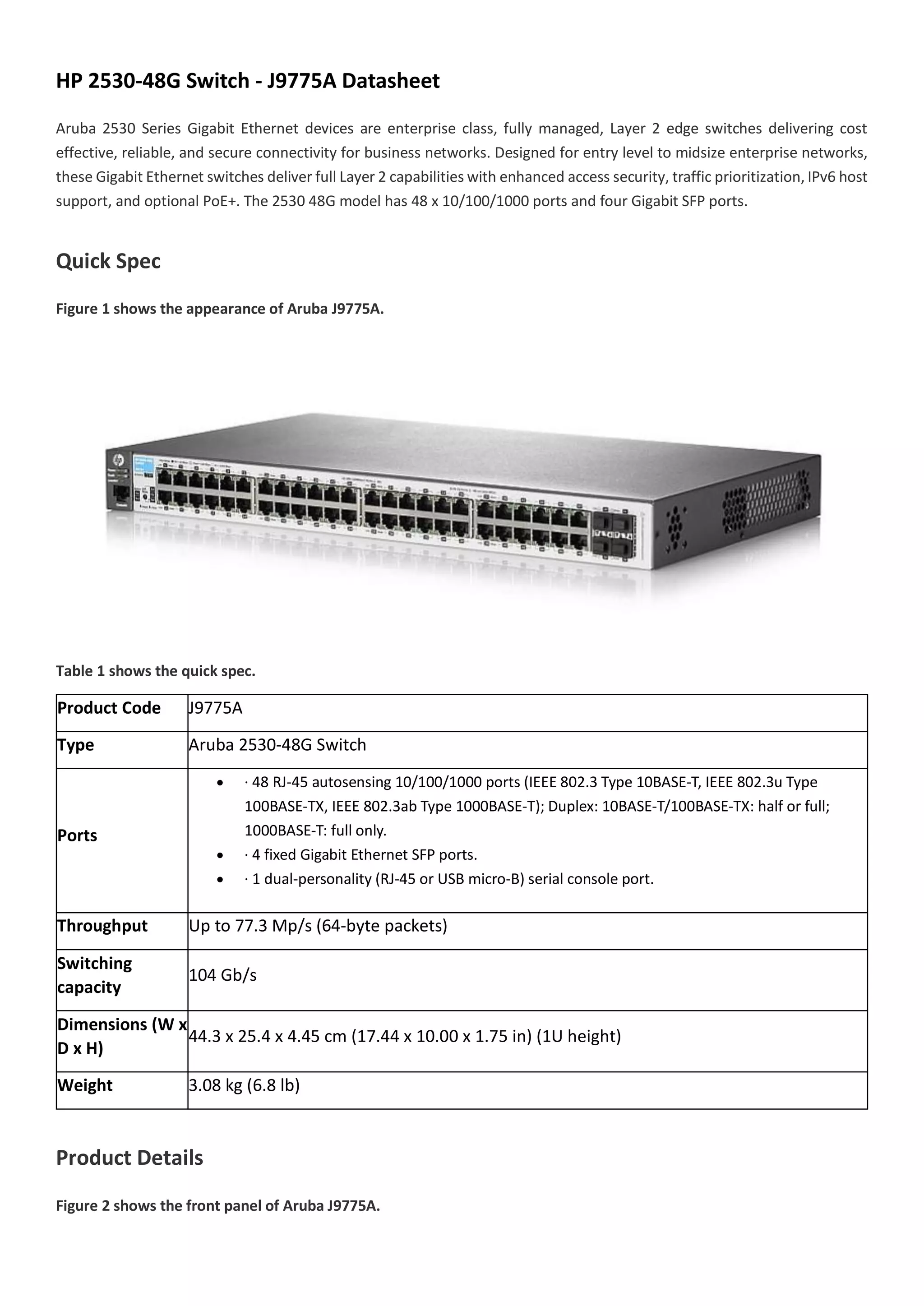 HP 2530-48G Switch - J9775A Datasheet | PDF