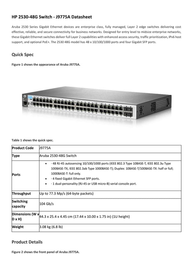HP 2530-48G Switch - J9775A Datasheet | PDF | Computer Networking | Computing