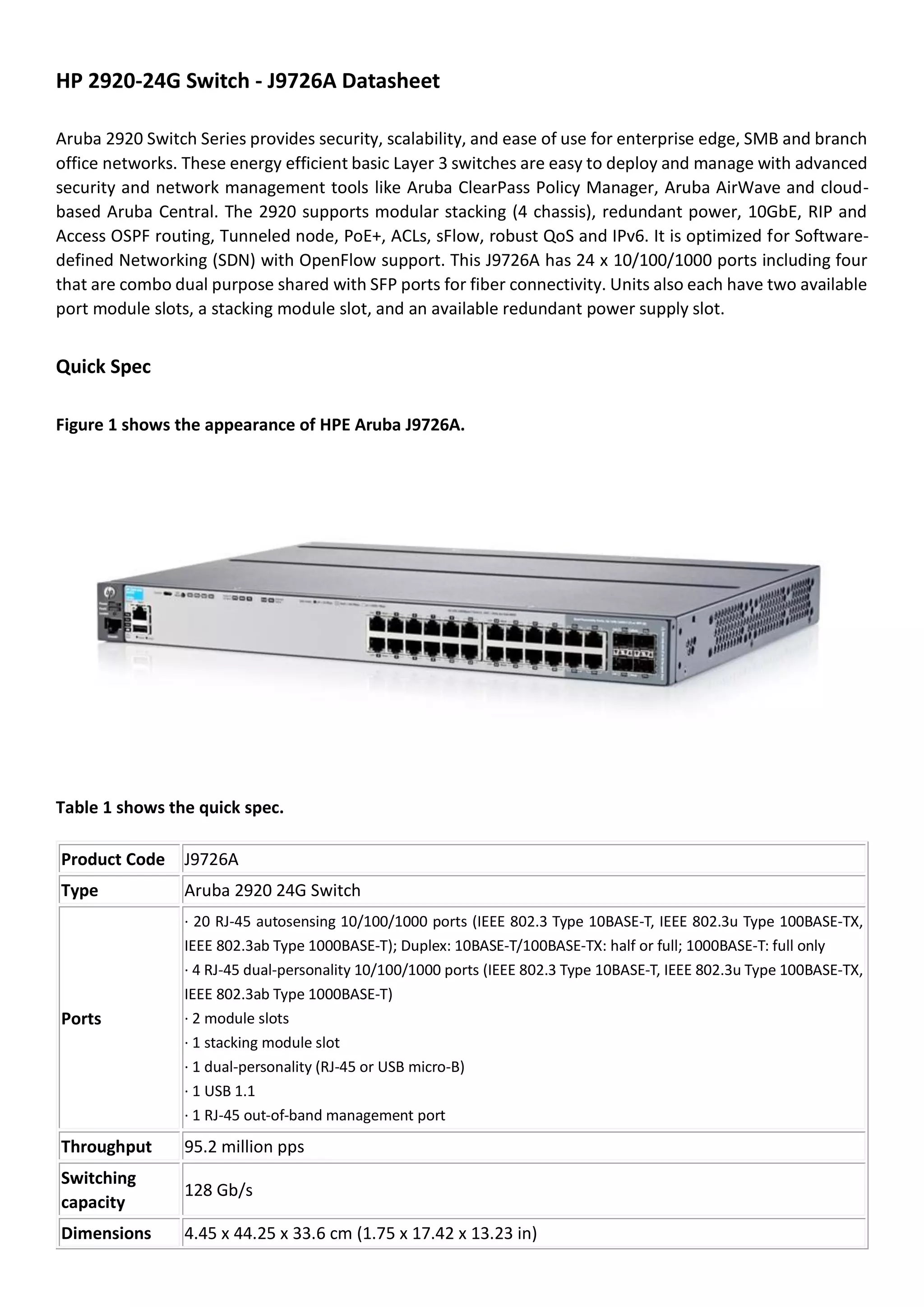 HP 2920-24G Switch - J9726A Datasheet | PDF