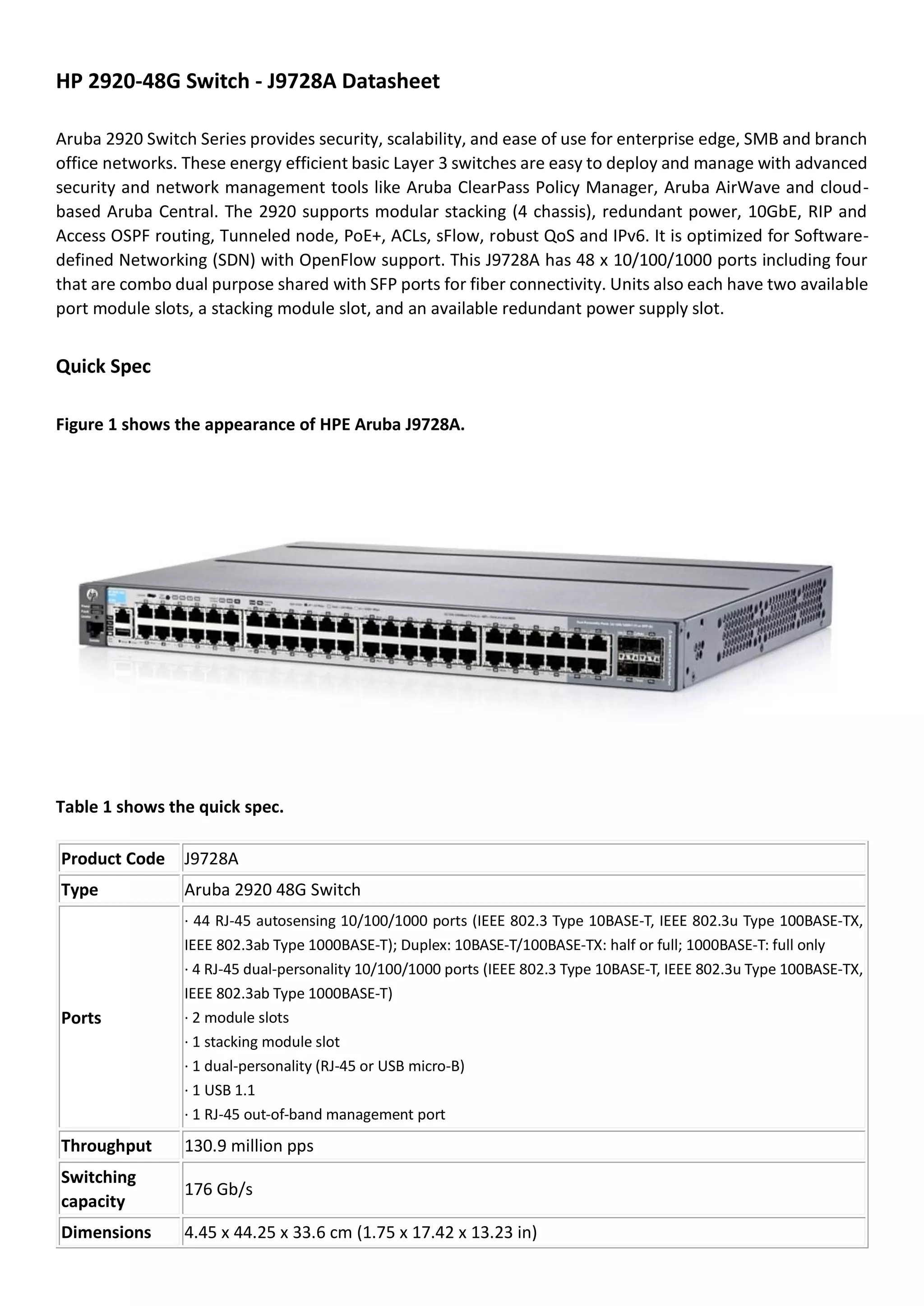 HP 2920-48G Switch - J9728A Datasheet | PDF