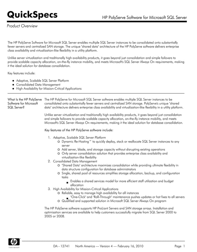 HP PolyServe Software for Microsoft SQL Server | PDF