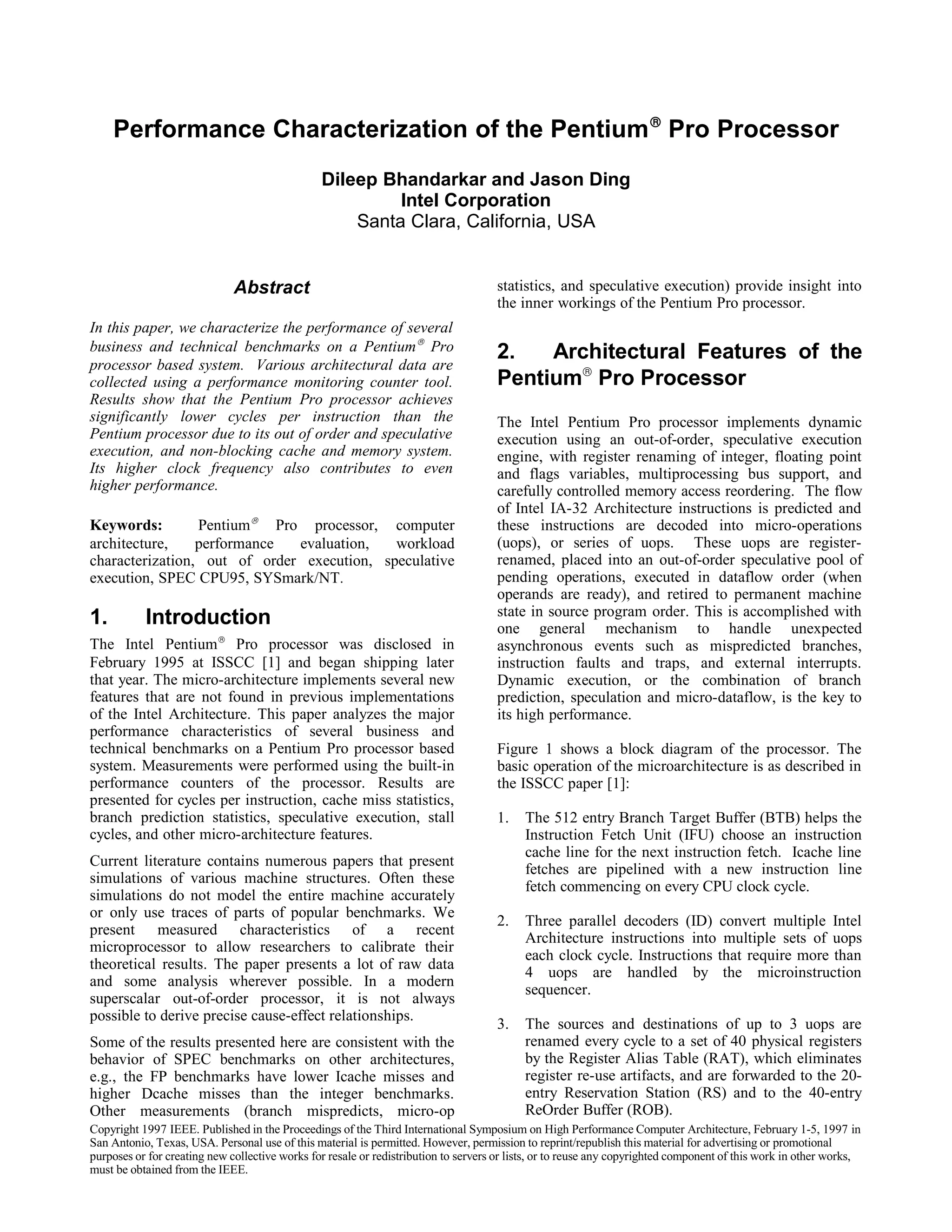 Performance Characterization of the Pentium Pro Processor | PDF