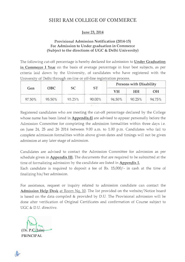 SRCC 1st list - DU Admissions 2014 | PDF