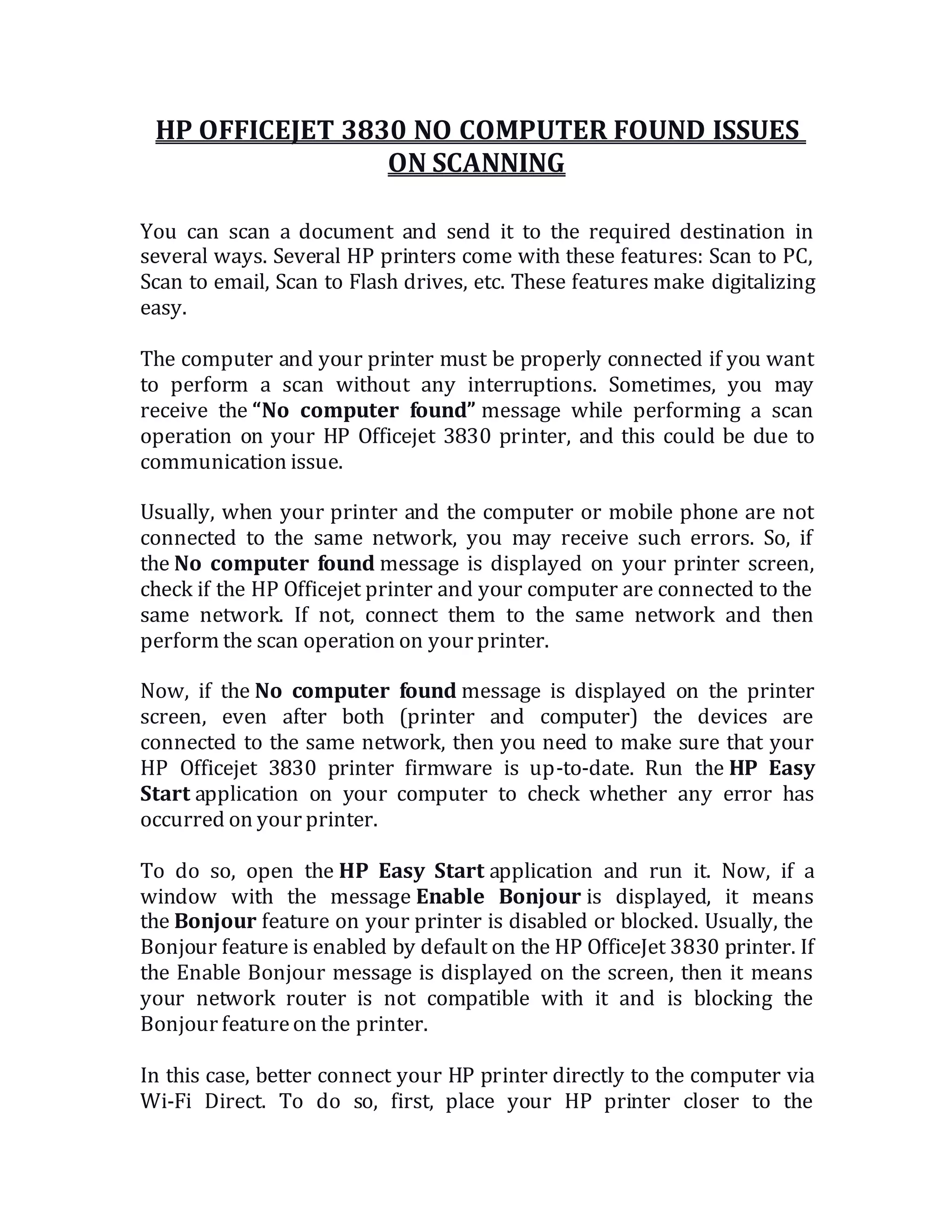 FIX: HP OFFICEJET 3830 NO COMPUTER FOUND ISSUES ON SCANNING | PDF