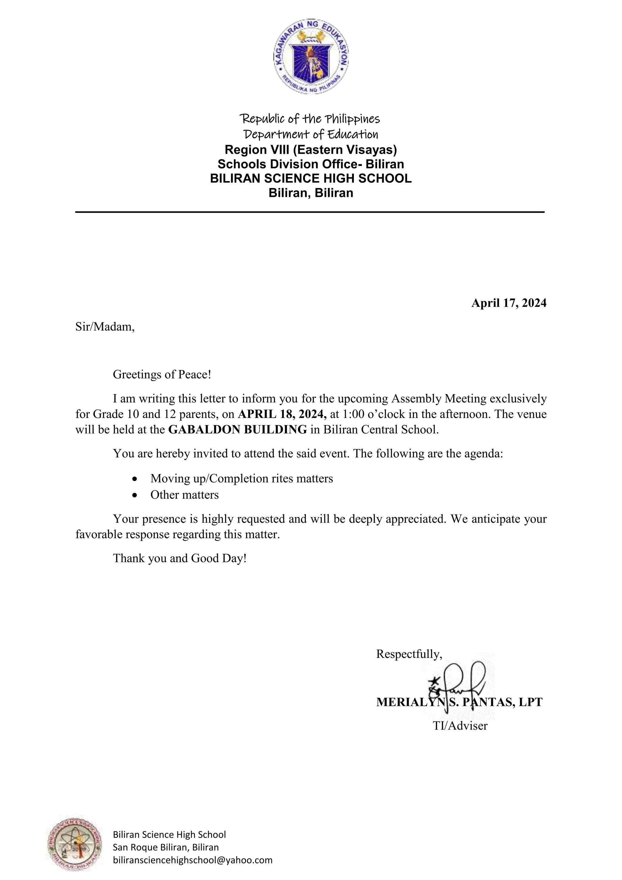 Homeroom-PTA Meetings Notice to Parents. | DOCX