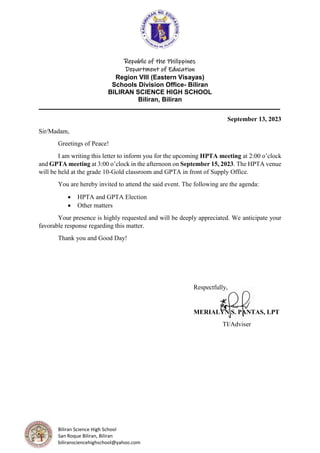 Homeroom-PTA Meetings Notice to Parents. | DOCX