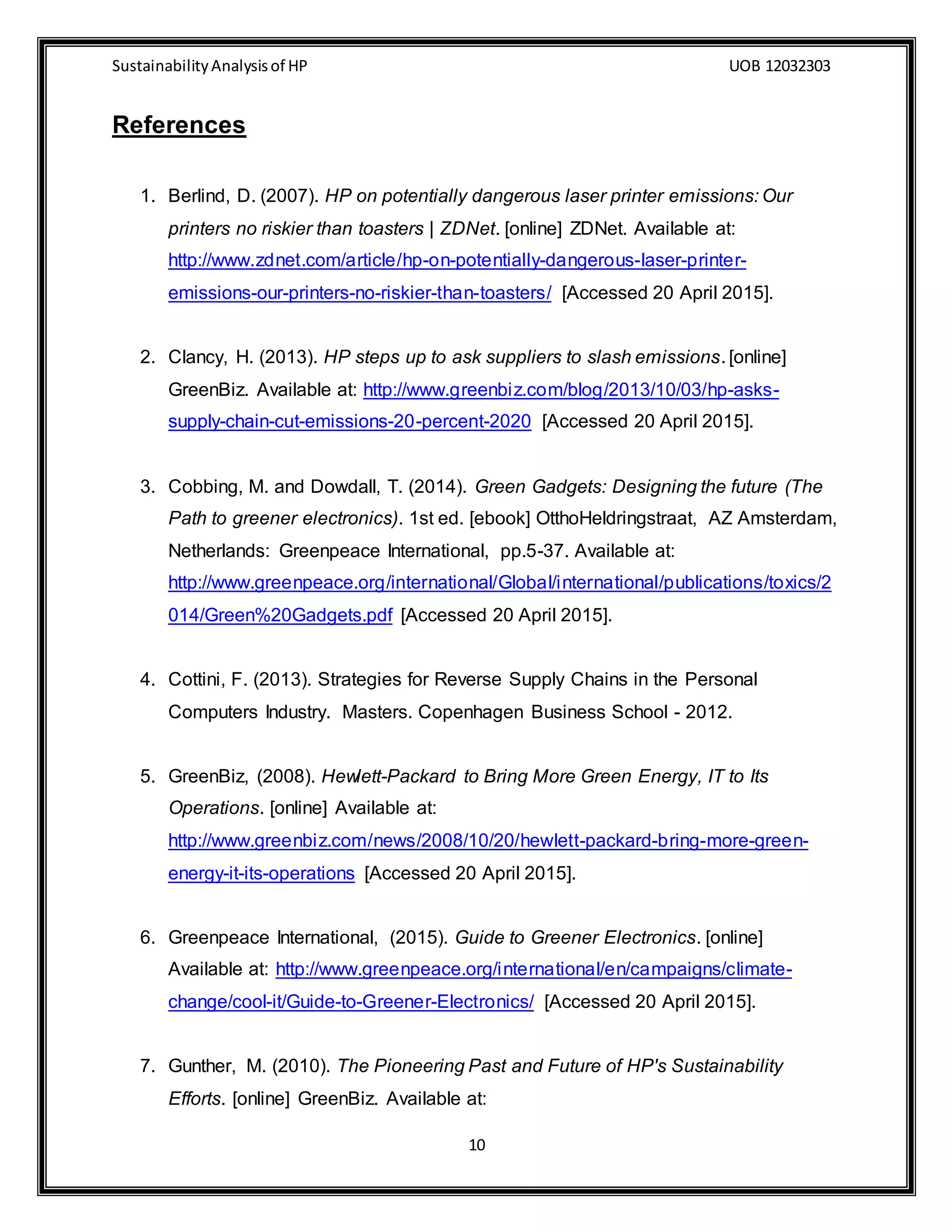 Sustainability Analysis of Hewlett Packard (HP) | DOCX