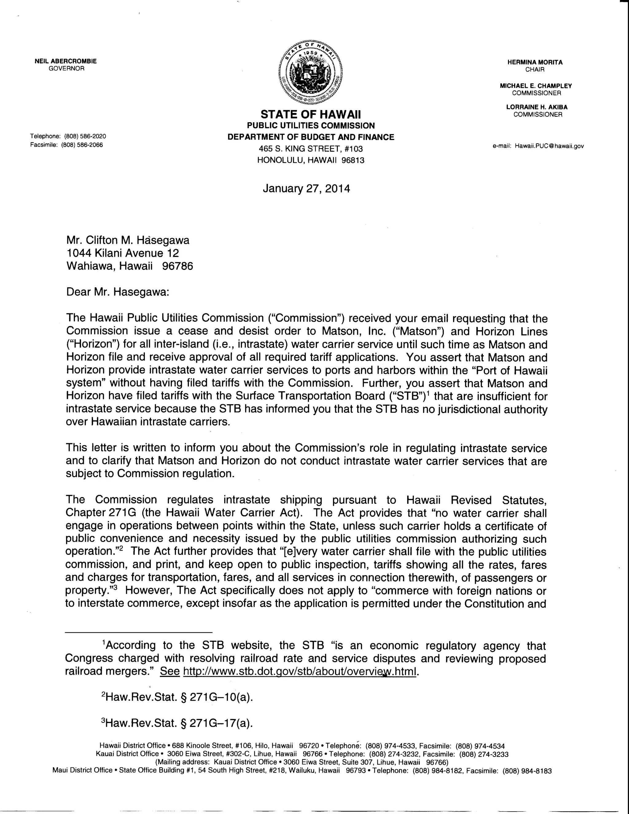 THE HAWAII PUBLIC UTILITIES COMMISSION (HPUC) STATES THAT THE ...