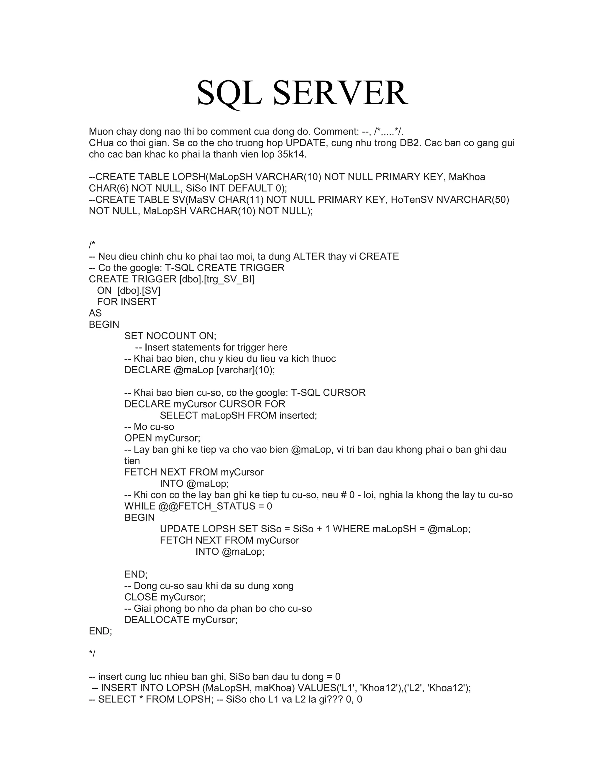 Hqt csdl 2 trigger - db2-sql server - examples | PDF