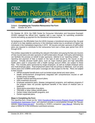 Health Reform Bulletin – Completing the Transitional Reinsurance Fee ...