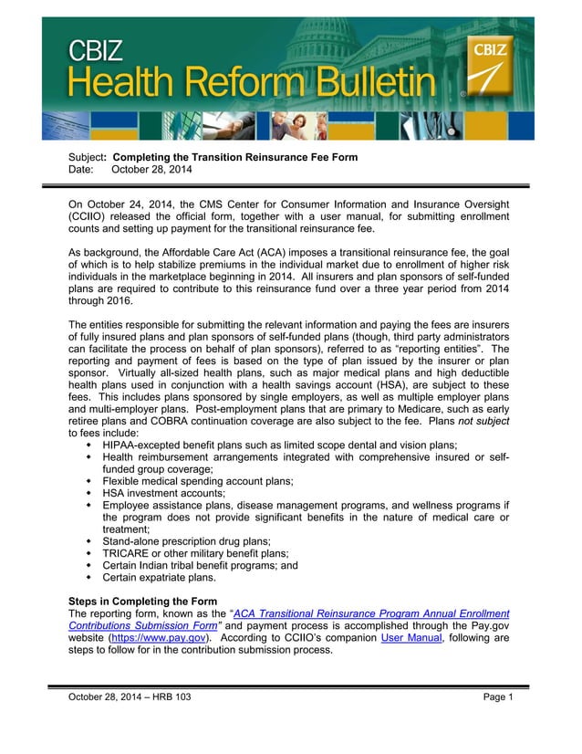 Health Reform Bulletin – Completing the Transitional Reinsurance Fee ...