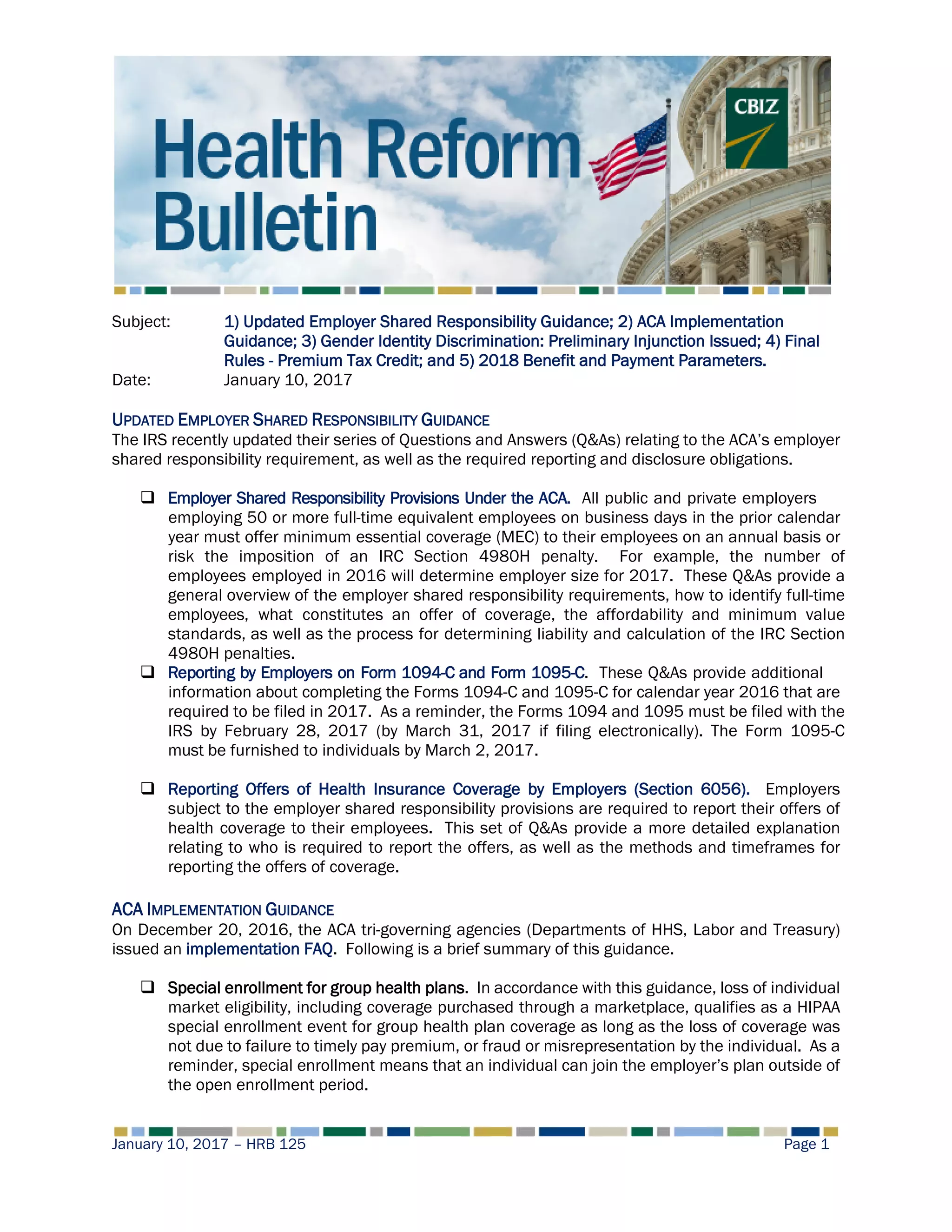 Health Reform Bulletin 125 | Updated Employer Shared Responsibility ...
