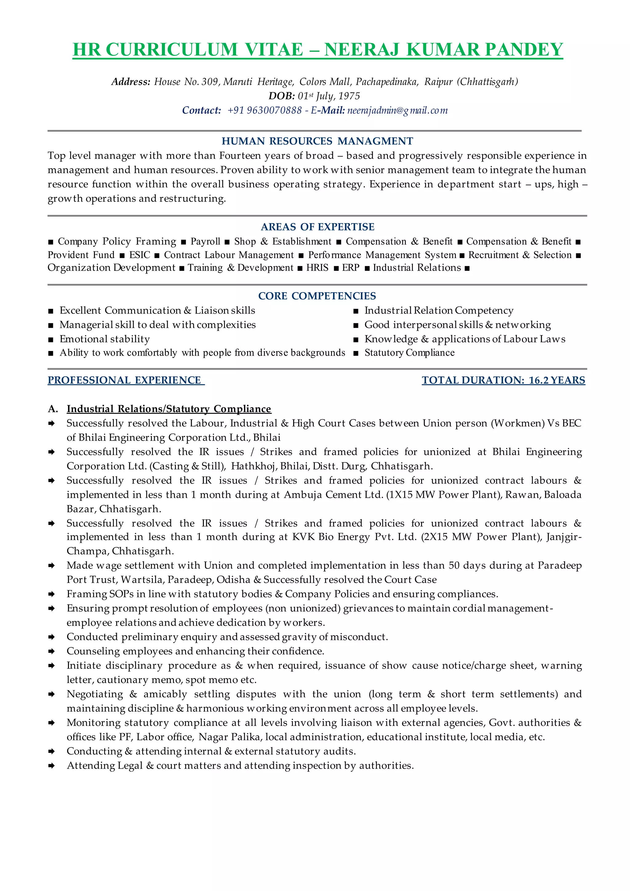 HR Curriculum Vitae – Neeraj Kumar Pandey | DOCX