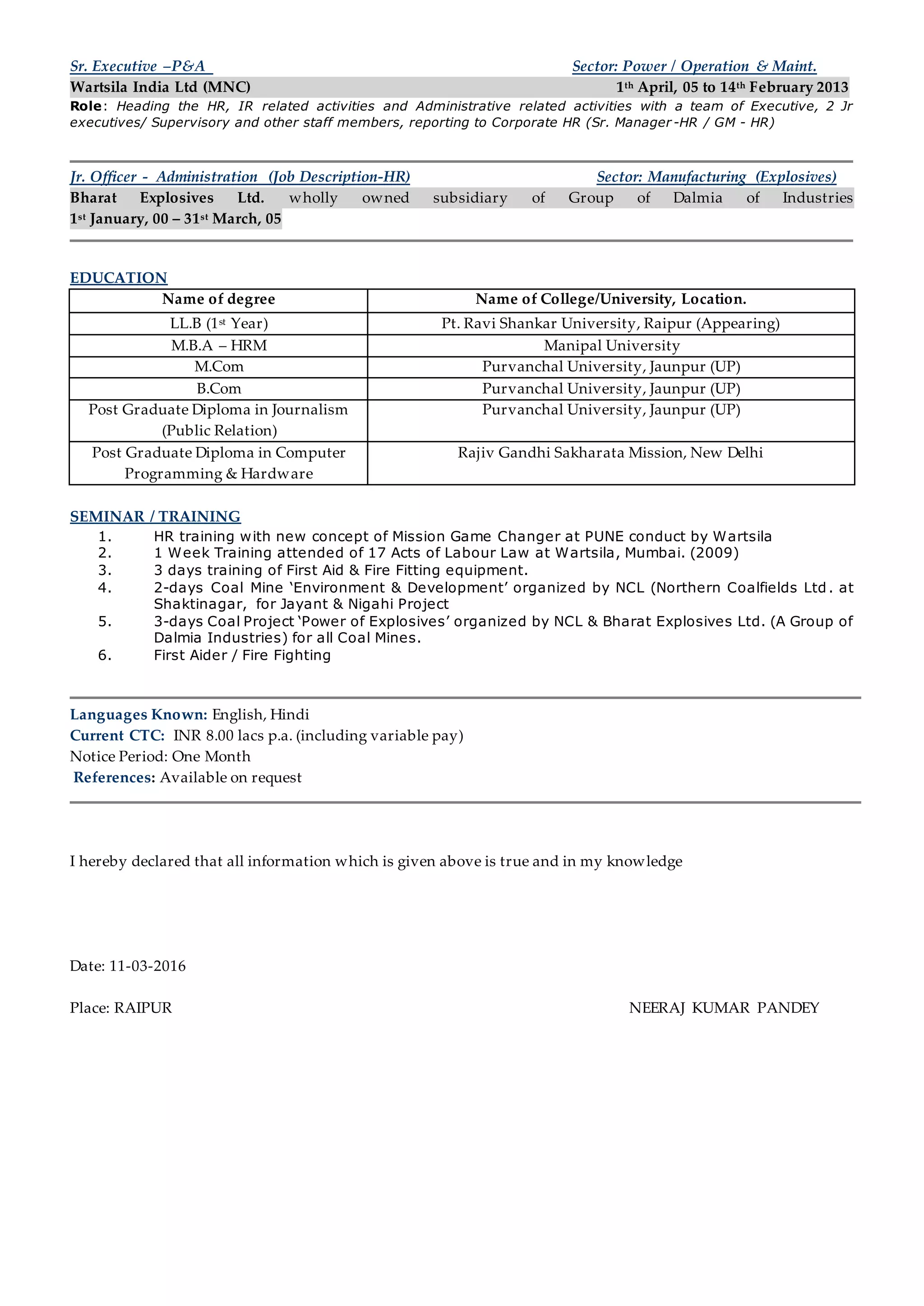 HR Curriculum Vitae – Neeraj Kumar Pandey | DOCX