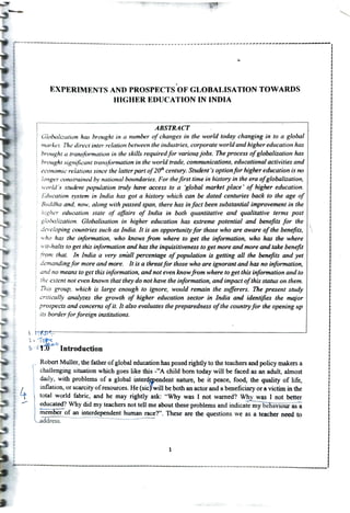 Experiments and Prospects of Globalisation Towards Higher Education in India | PDF