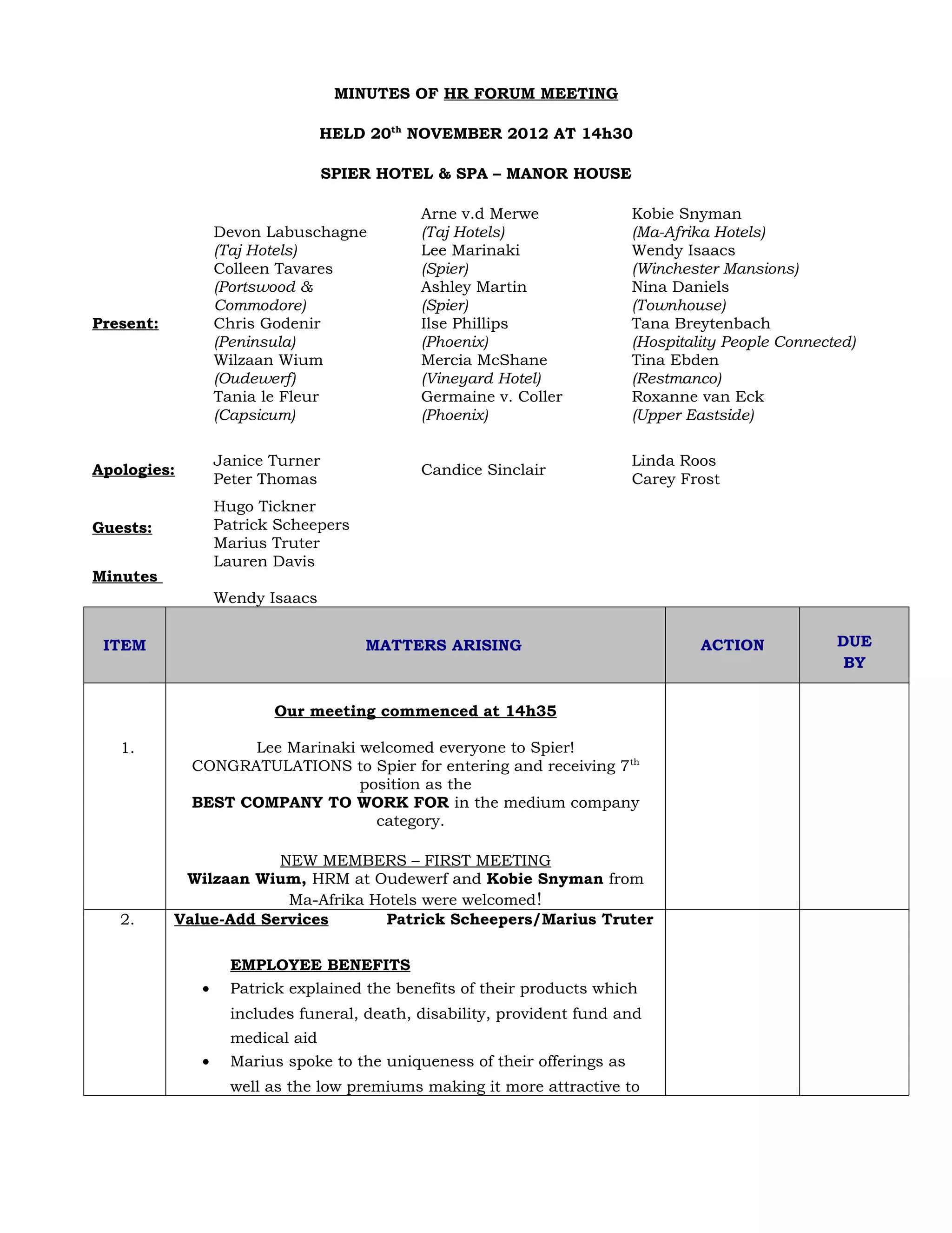 HR FORUM MEETING MINUTES 20.11.12