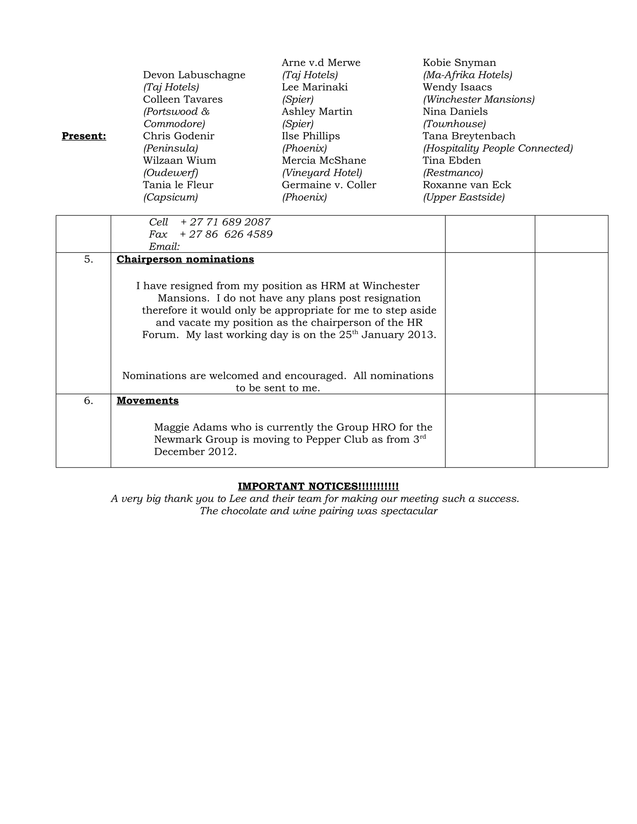 HR FORUM MEETING MINUTES 20.11.12