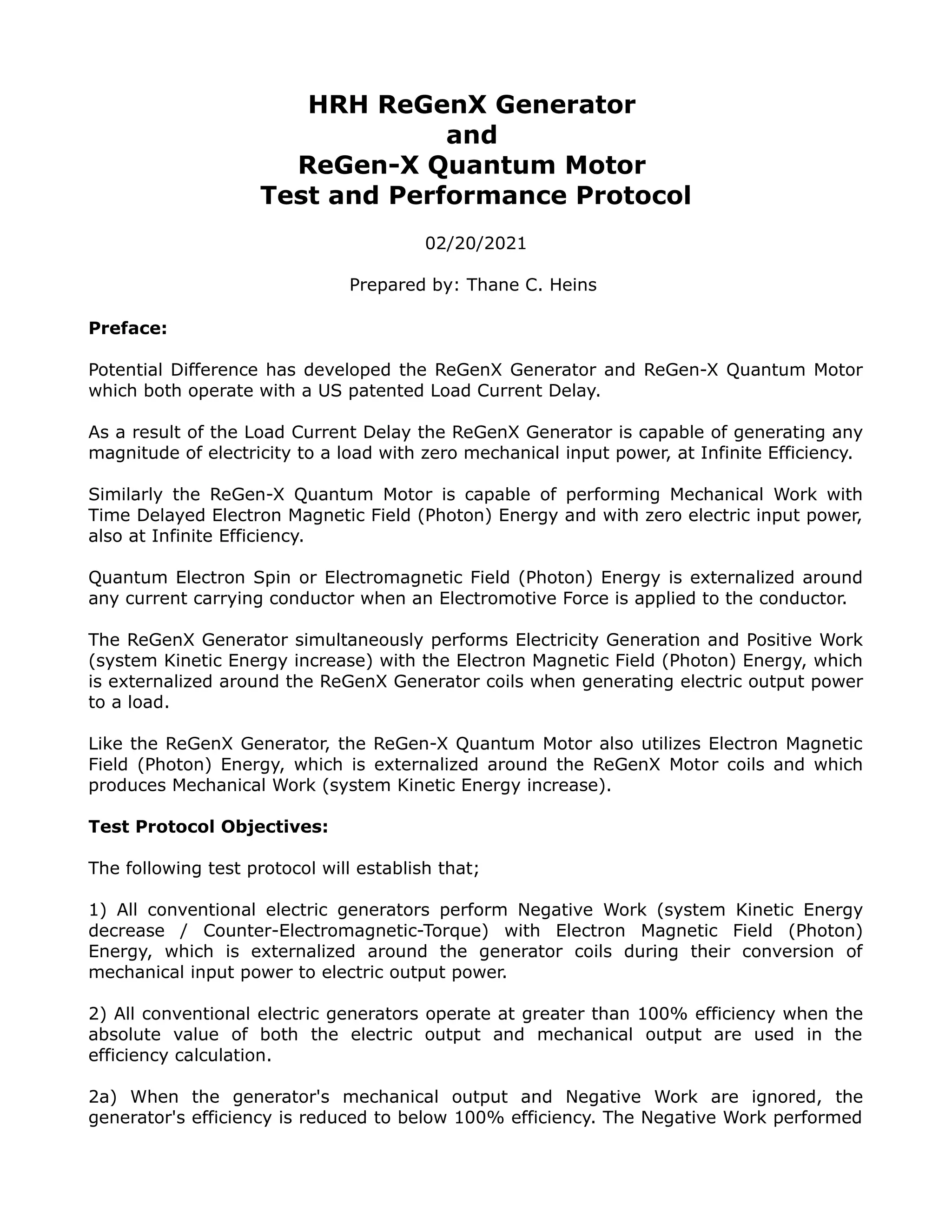 ReGenX Generator and ReGenX Quantum Motor Test and Performance Protocol ...