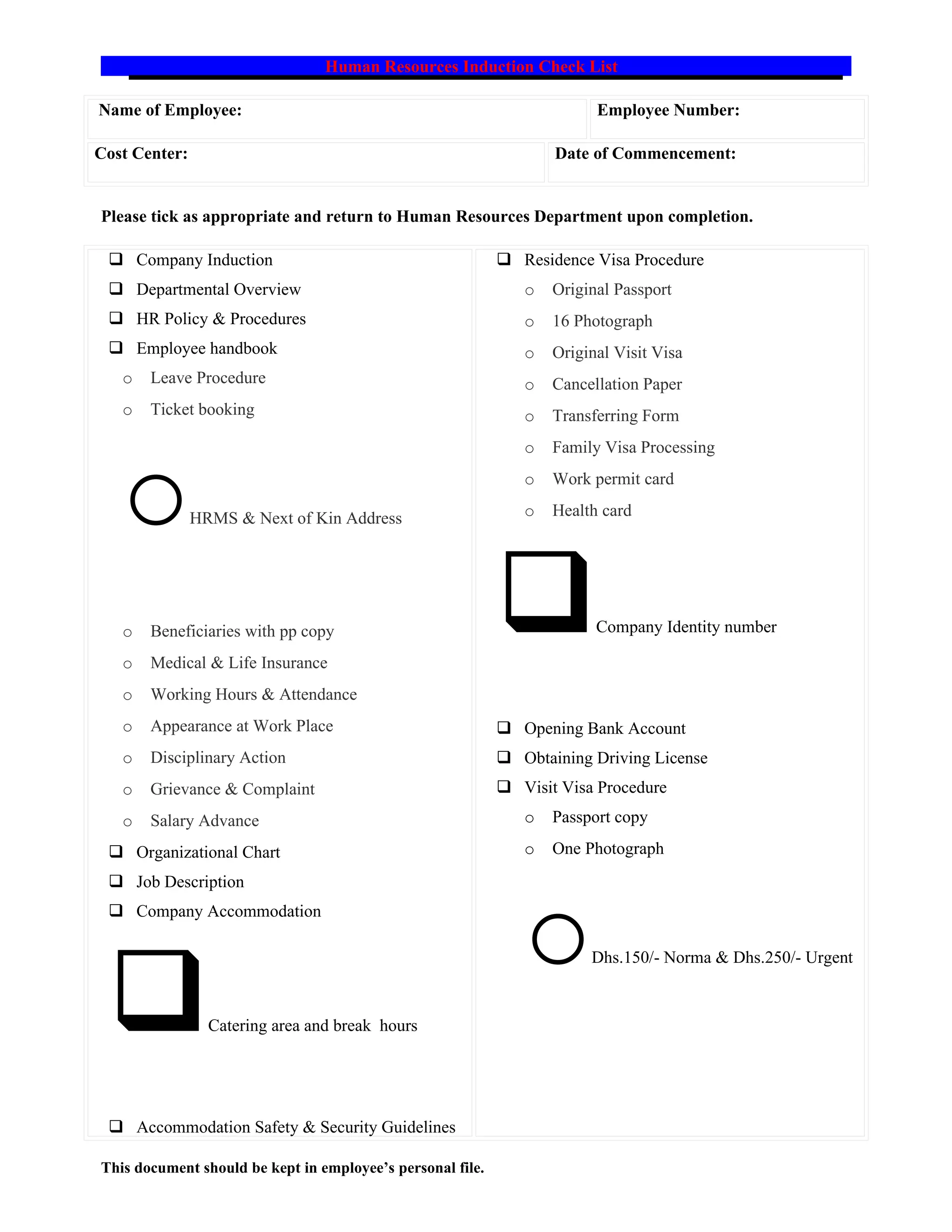 Hr Induction Check List | DOC