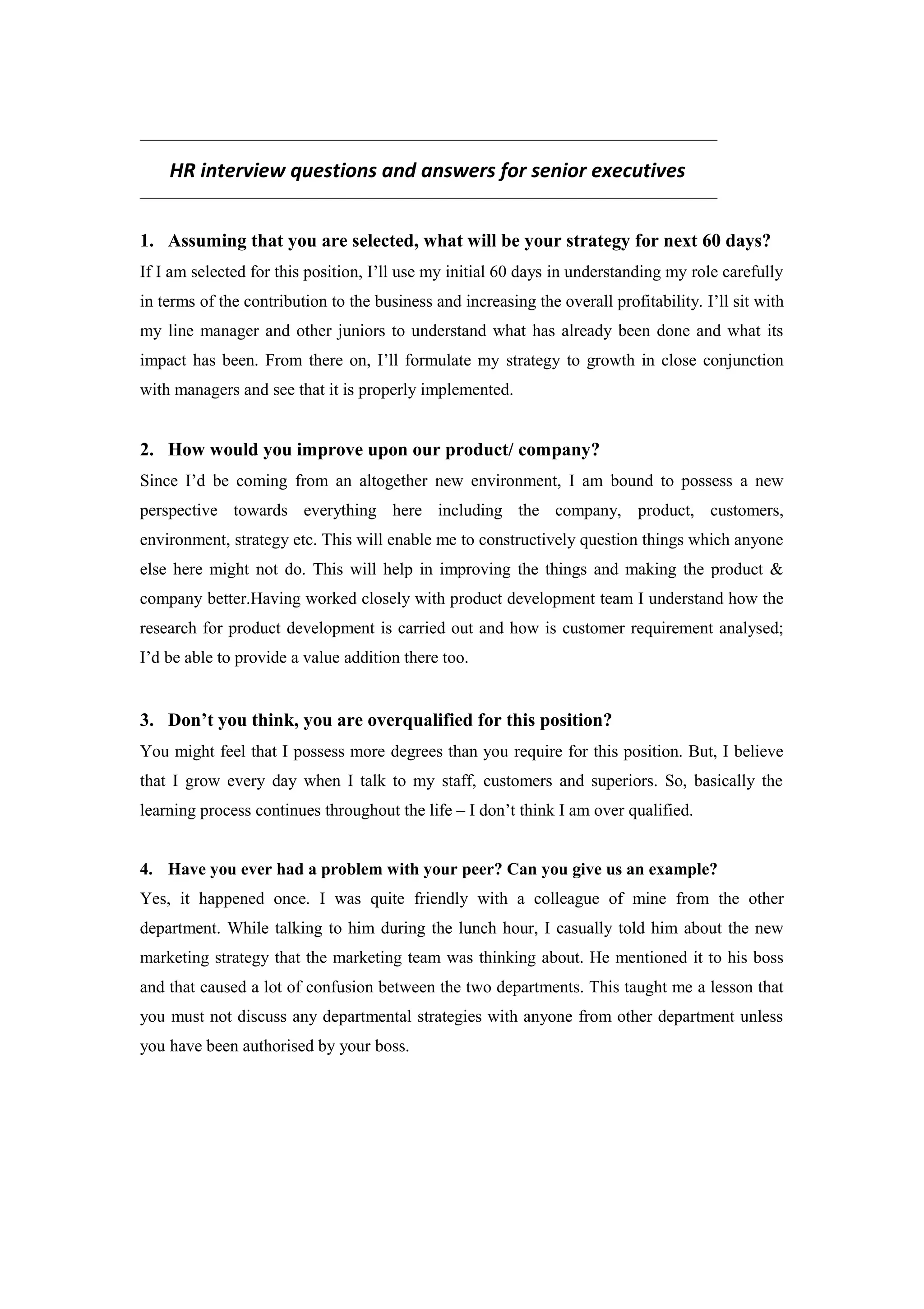 Hr interview questions and answers for senior executives | PDF