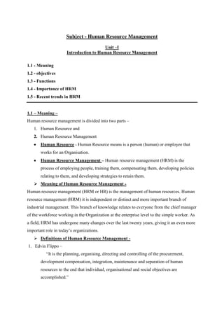 HRM- unit 1 Bcom IT/BM shivaji university.docx