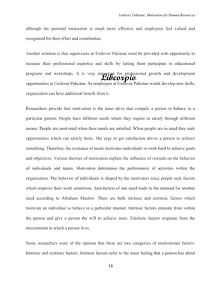 UNILEVER PAKISTAN: ‎MOTIVATION FOR ‎HUMAN RESOURCES (CASE STUDY) | PDF
