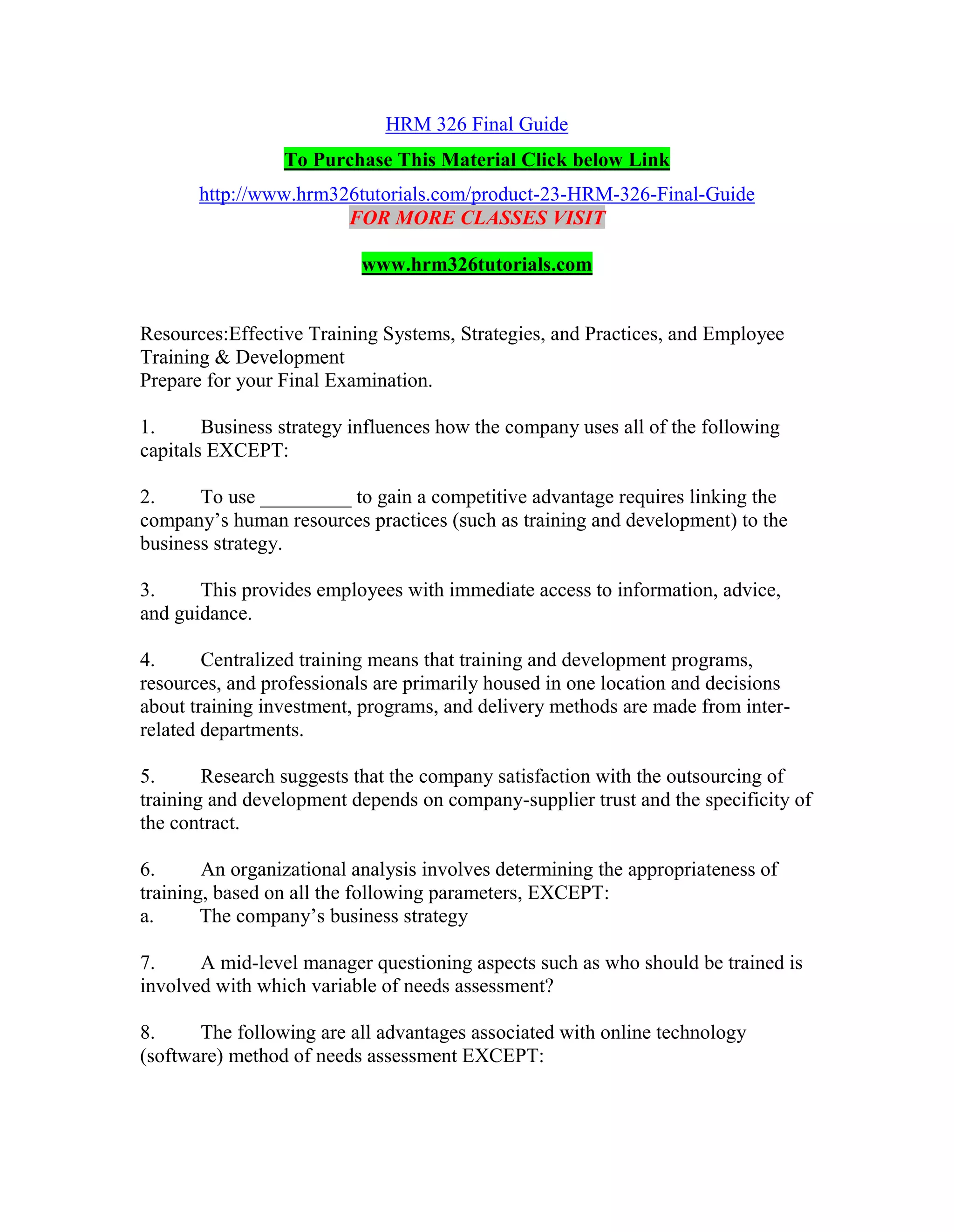 HRM 326 Final Guide TU | PDF | Human Resources | Business