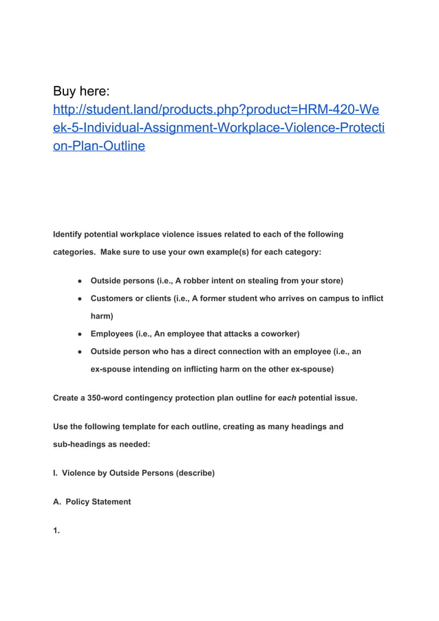 HRM 420 Week 5 Individual Assignment Workplace Violence Protection Plan Outline | PDF