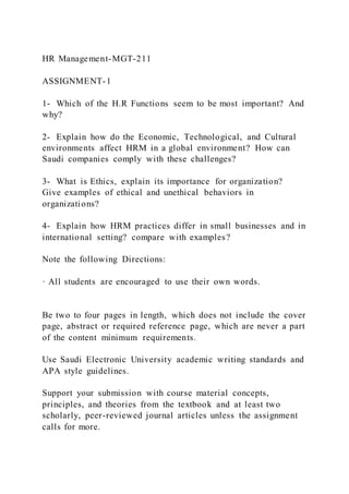 HR Management-MGT-211ASSIGNMENT-11- Which of the H.R Functi | PDF