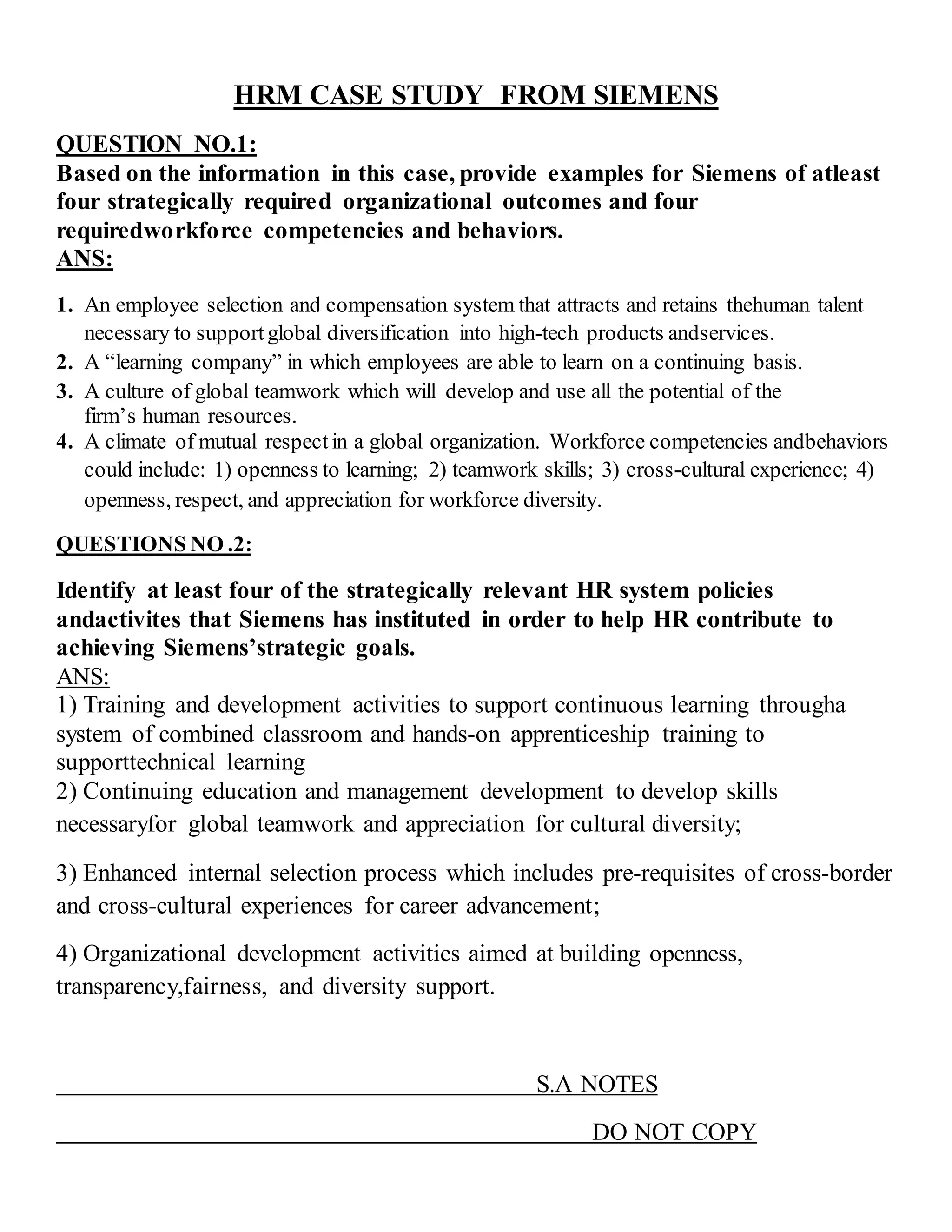 Hrm case study from siemens | DOCX