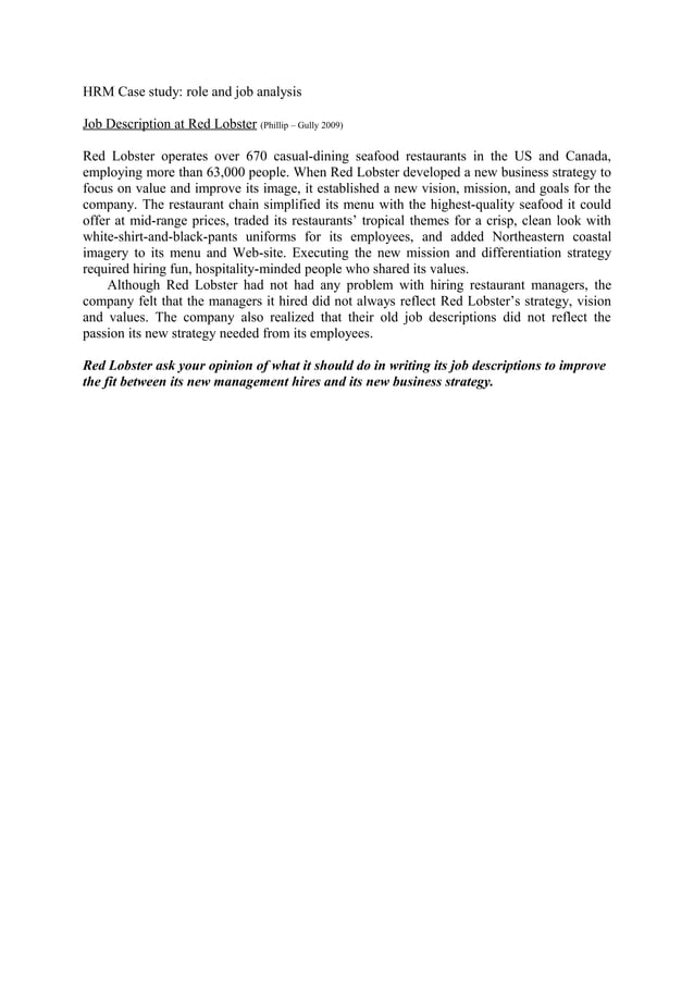 Hrm case study red lobster | DOC | Bars & Restaurants | Attractions