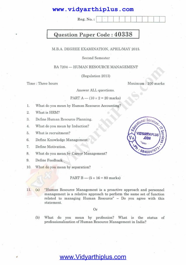 Hrm may june 2015 question paper | PDF