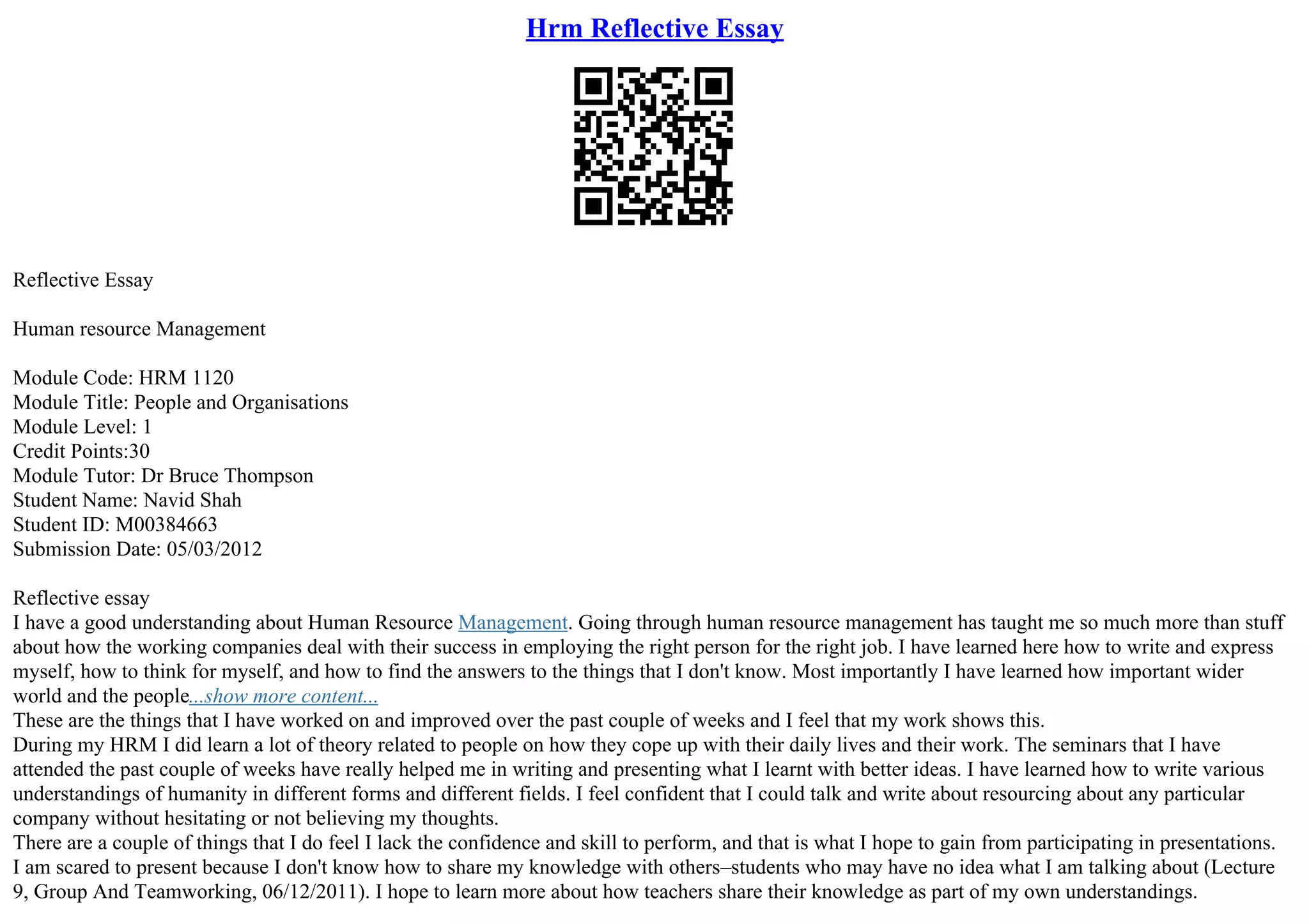 Hrm Reflective Essay | PDF