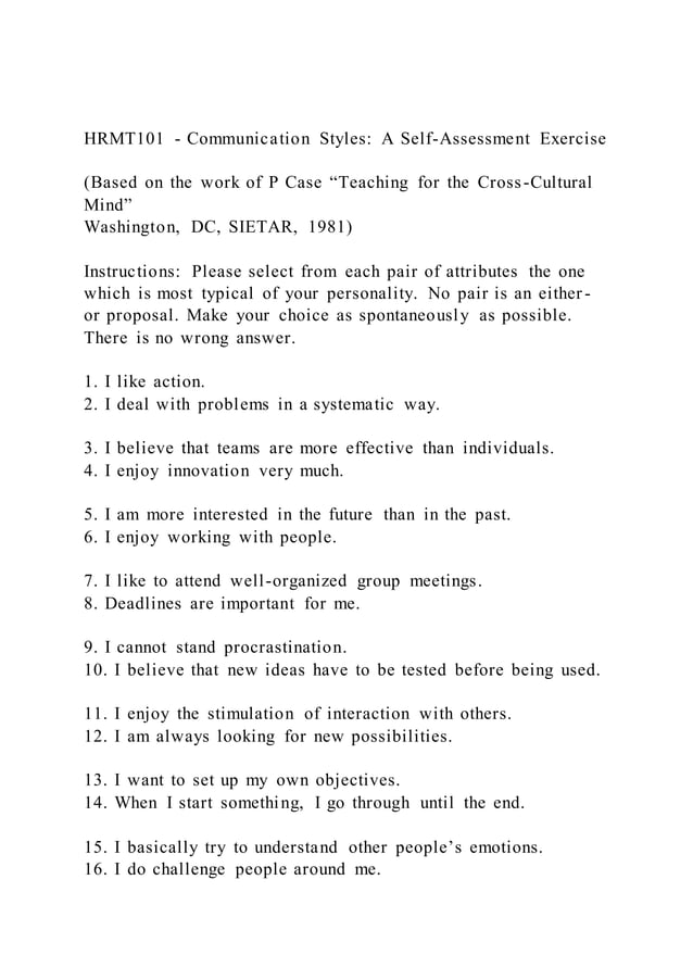 HRMT101 - Communication Styles A Self-Assessment Exercise (Ba | PDF