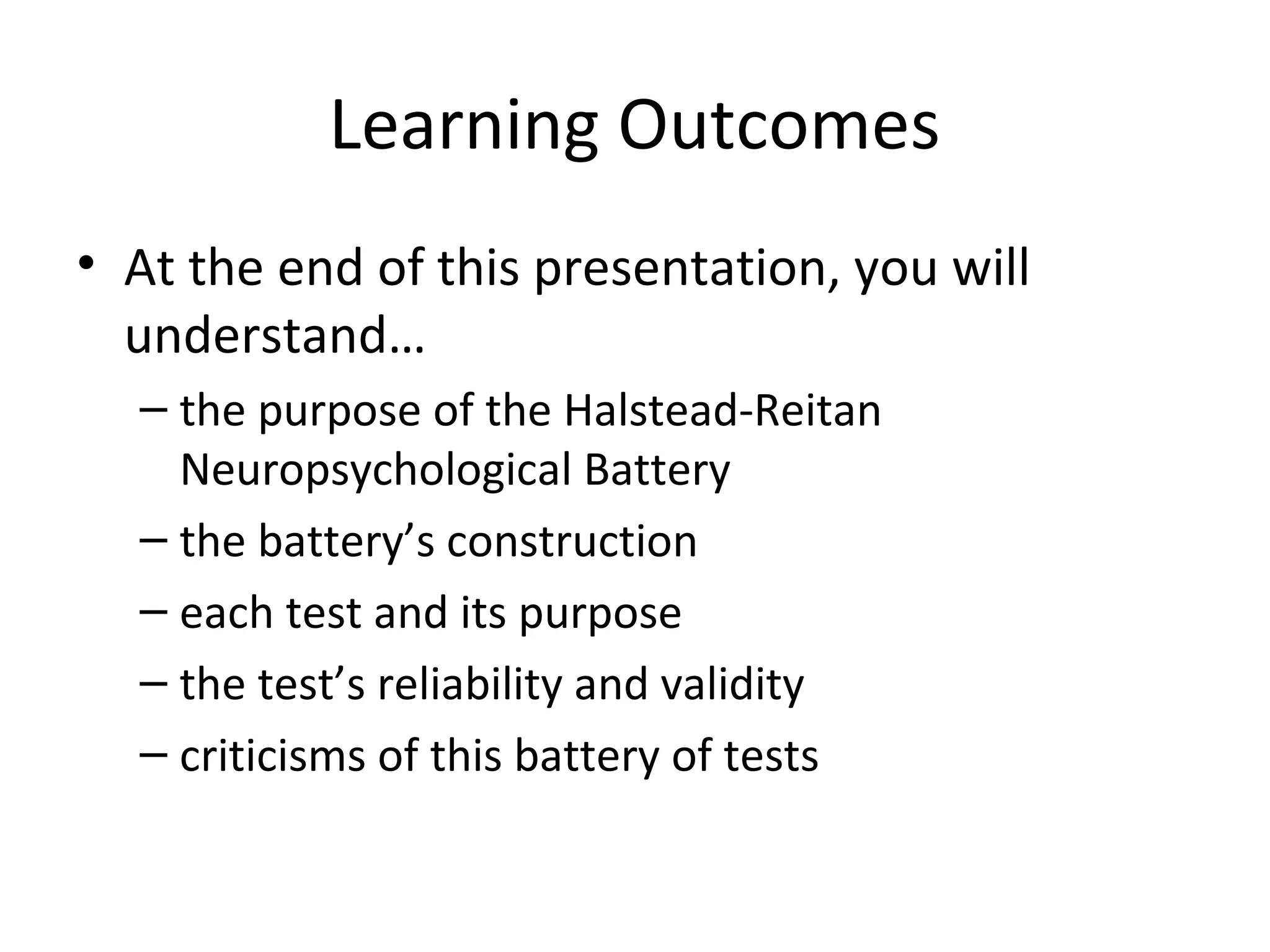 Halstead-Reitan Neuropsychological Battery | PPT