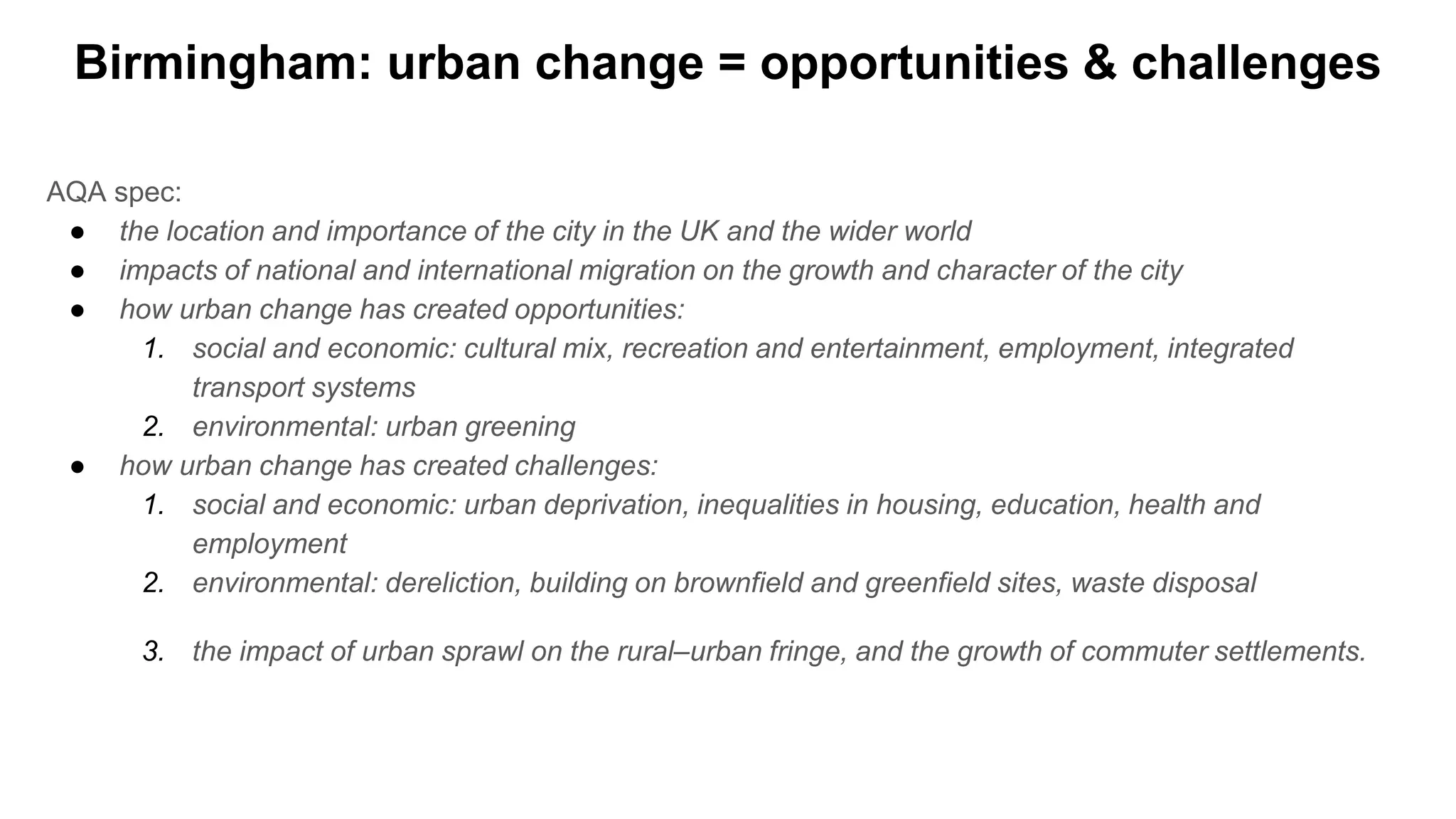 AQA GCSE geography urban issues and challenges: Birmingham, urban ...
