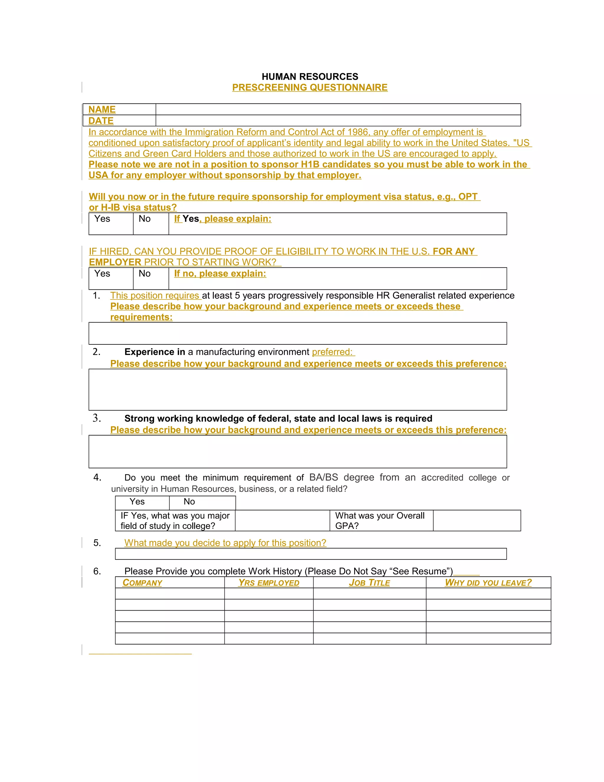 Hr prescreening questionnaire | DOC