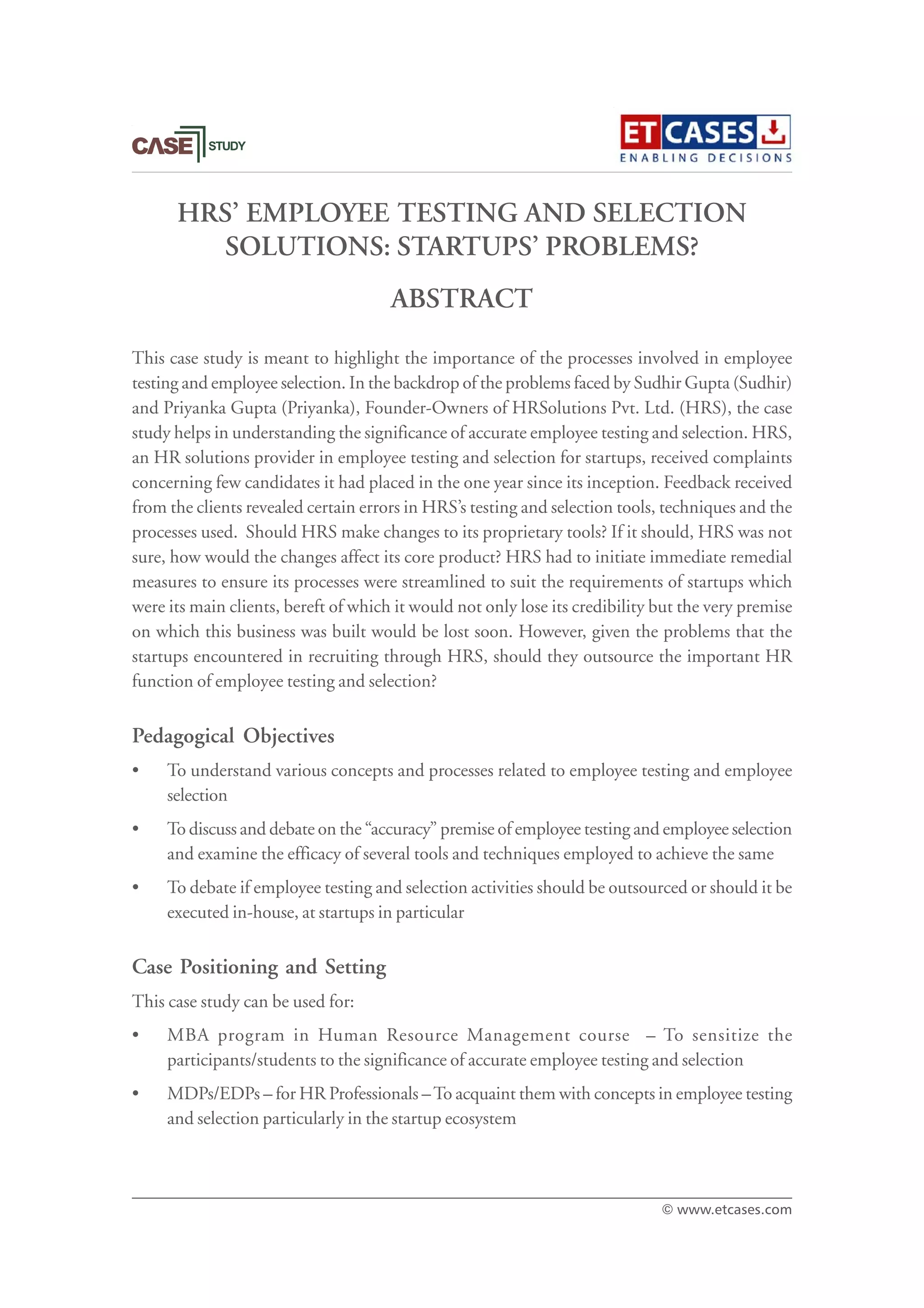 HRS' Employee Testing and Selection Solutions: Startups’ Problems? | PDF