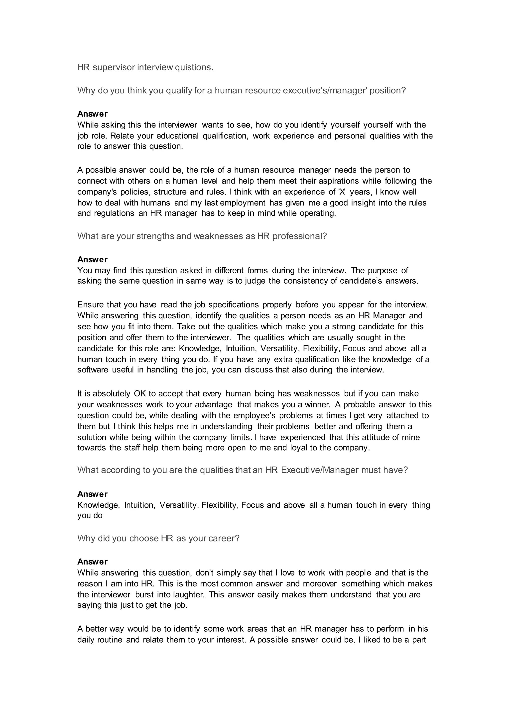 Hr supervisor interview quistions | DOCX