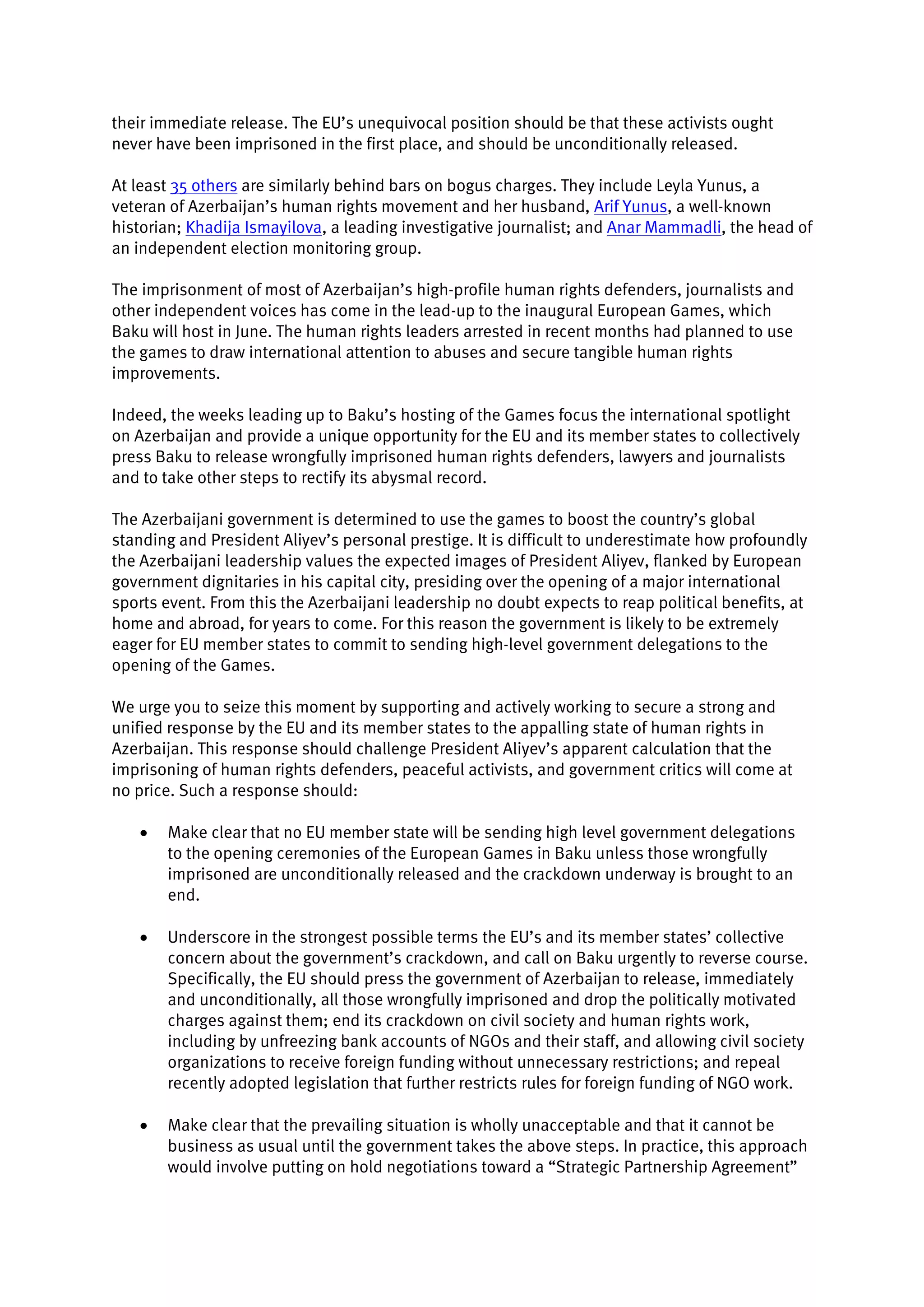 Human Rights Watch letter to Hrvp Federica Mogherini on Azerbaijan | PDF