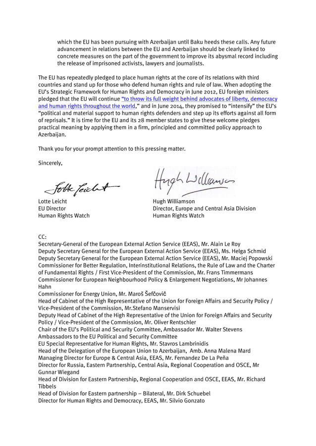 Human Rights Watch letter to Hrvp Federica Mogherini on Azerbaijan | PDF