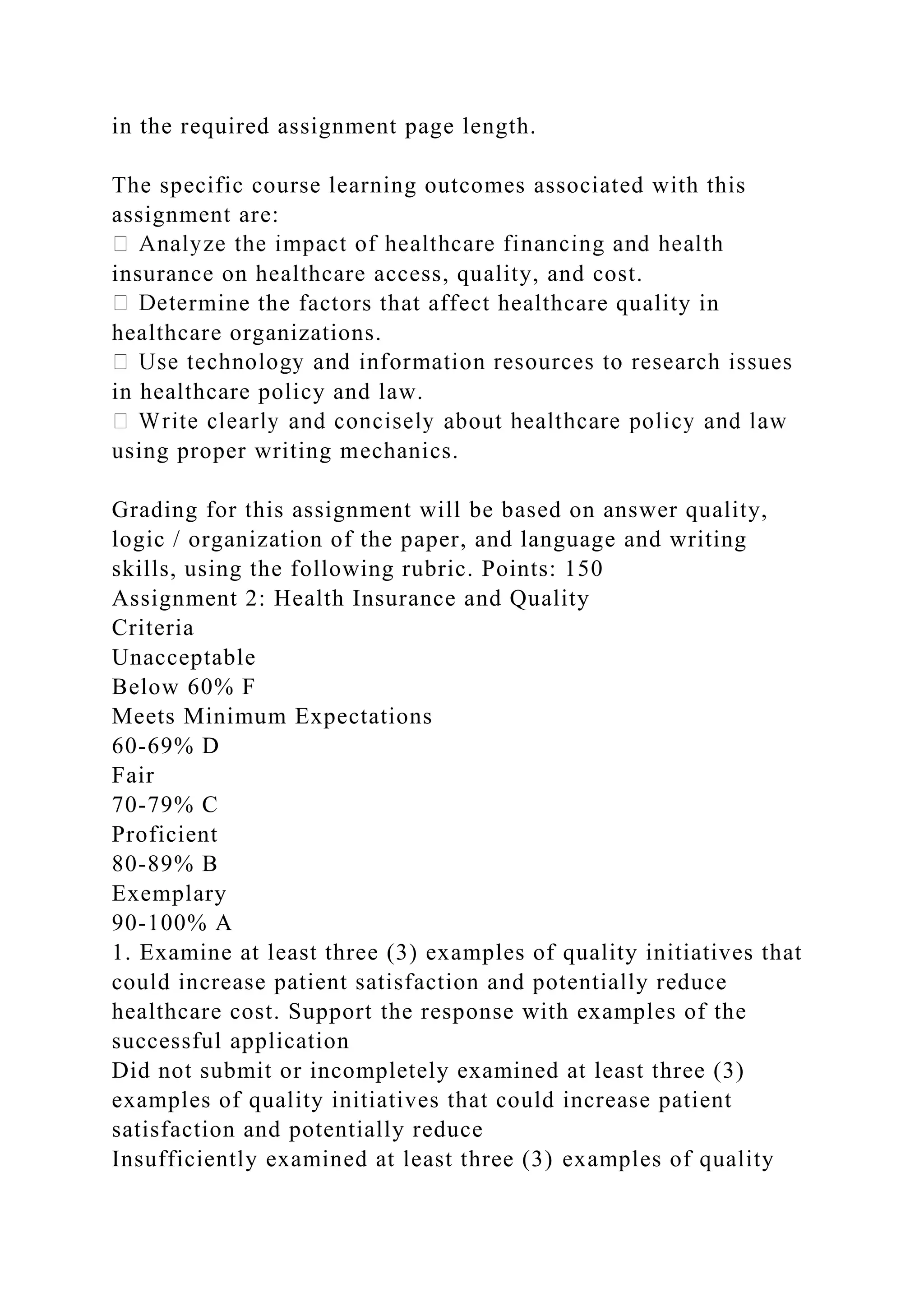 HSA 405 – Assignments and Rubrics © 2013 Strayer University. All.docx