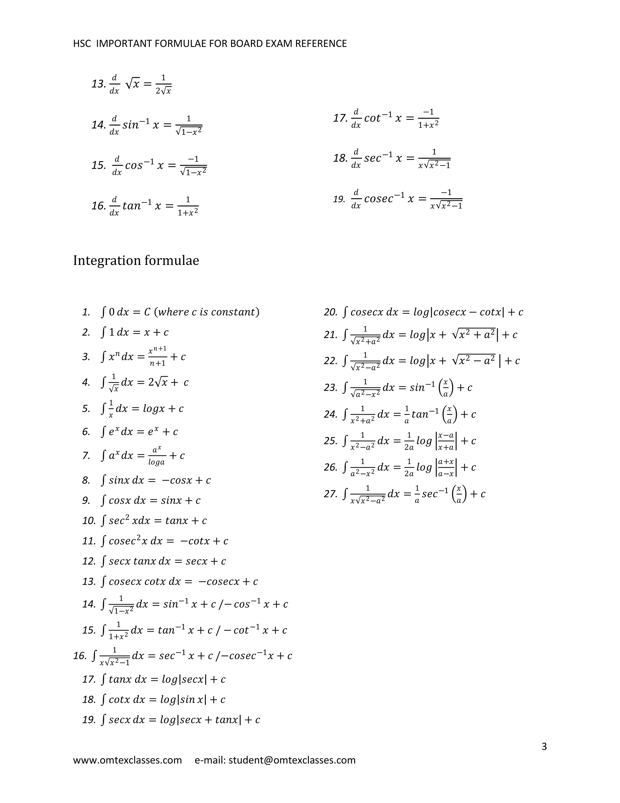 Hsc maths formulae for board exam | PDF